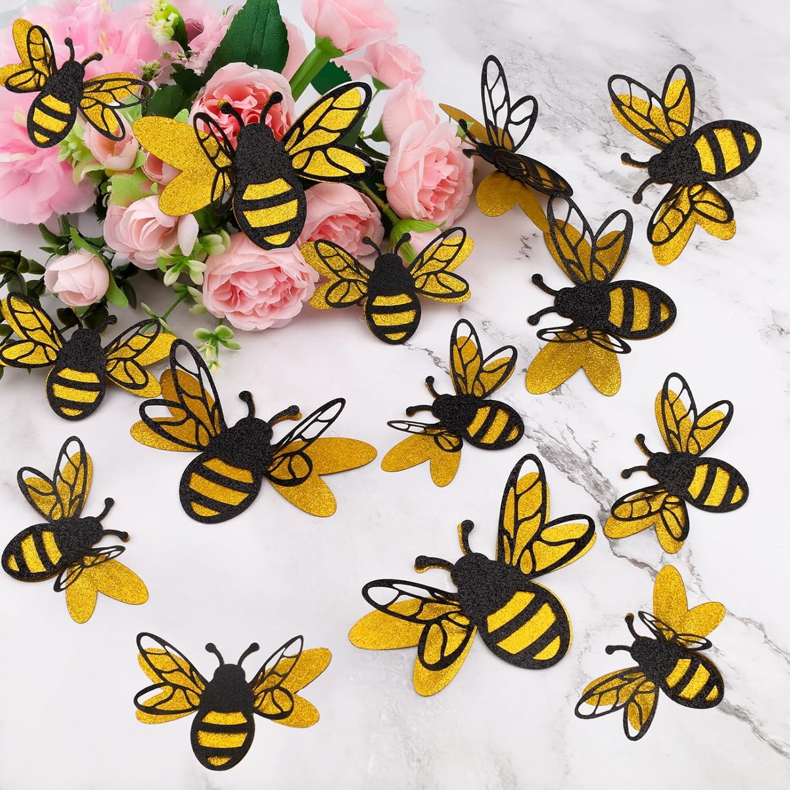 24 Pcs 3D Bee Decorations 2 Size Double Layer Glitter Honey Bee ...