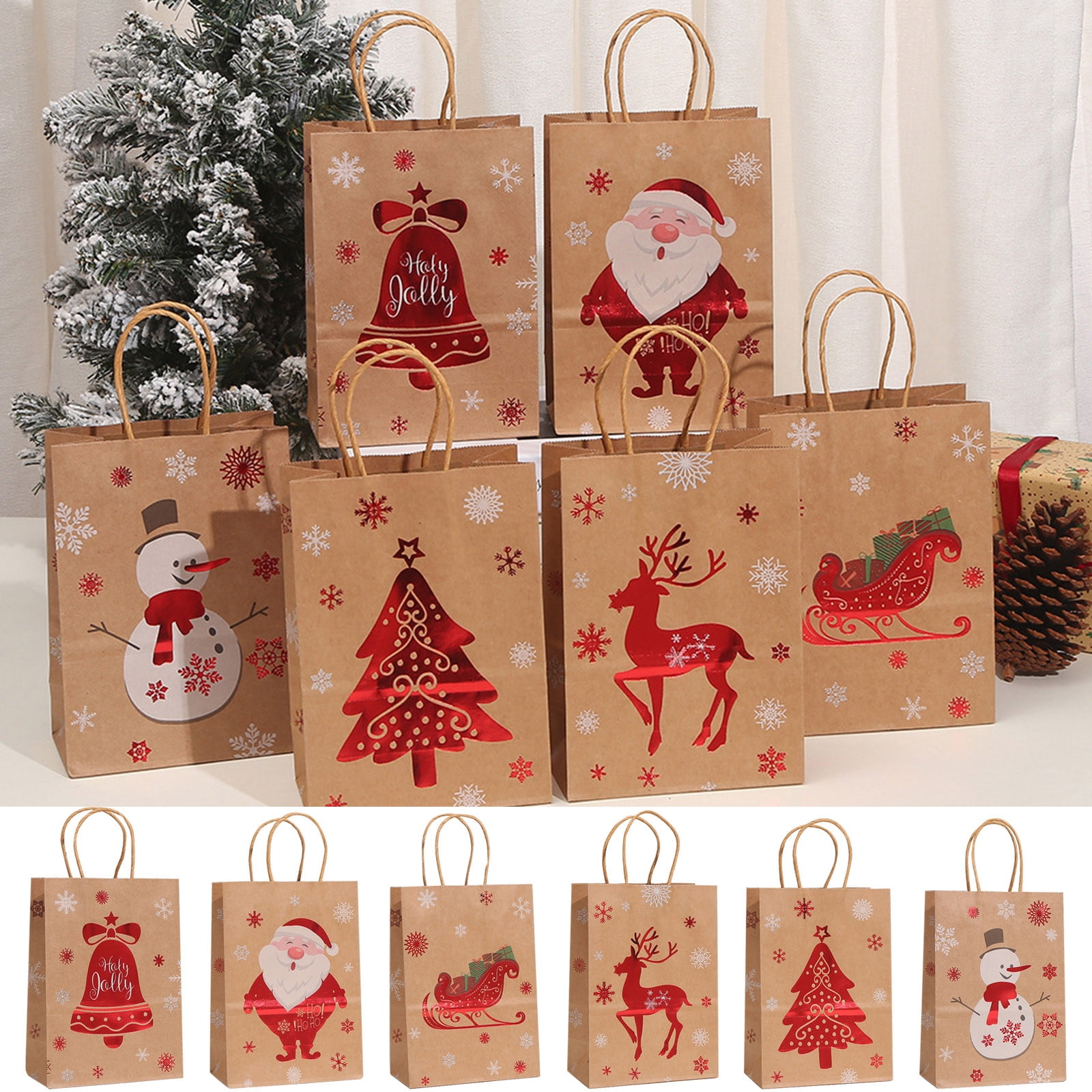 24 PCS 5.9x3.2x8.1 Inch Christmas Gift Bags,Christmas Brown Paper Bags ...