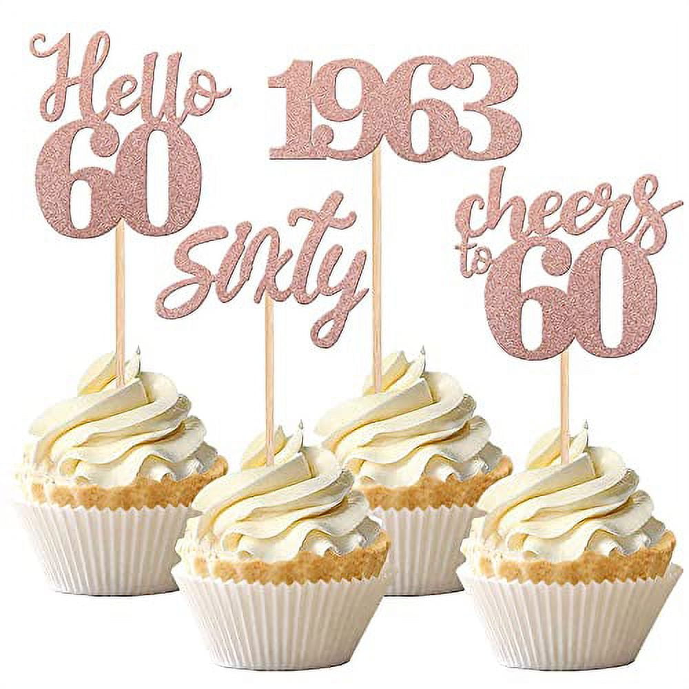 24 PCS 60th Birthday Cupcake Toppers Glitter Hello 60 Sixty Cupcake ...