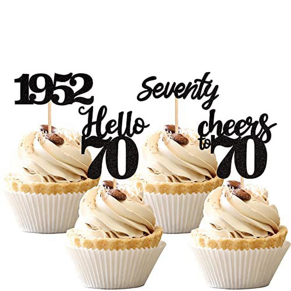 24 Pcs Black 70th Birthday Cupcake Toppers Glitter Hello 70 Cupcake