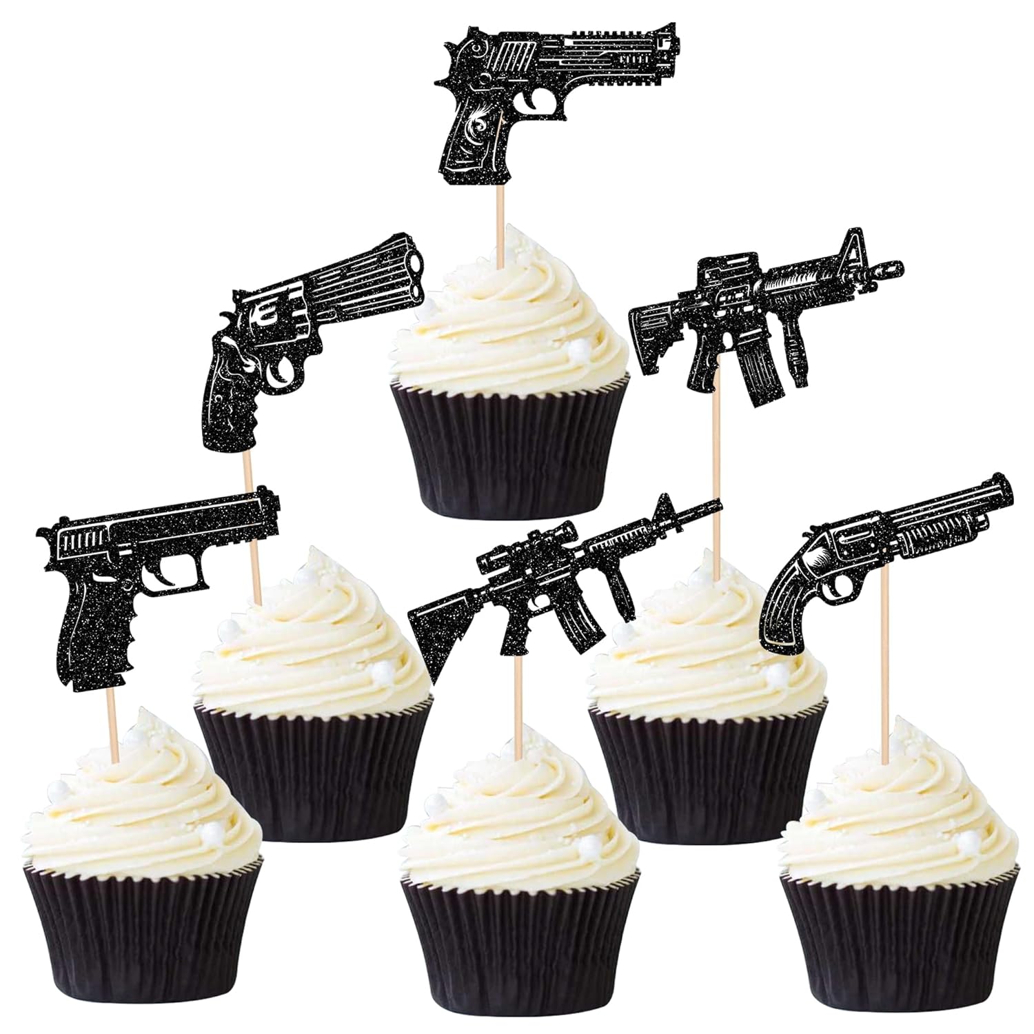 24 PCS Black Glitter Gun Themed Cupcake Picks - Shooting Cupcake ...