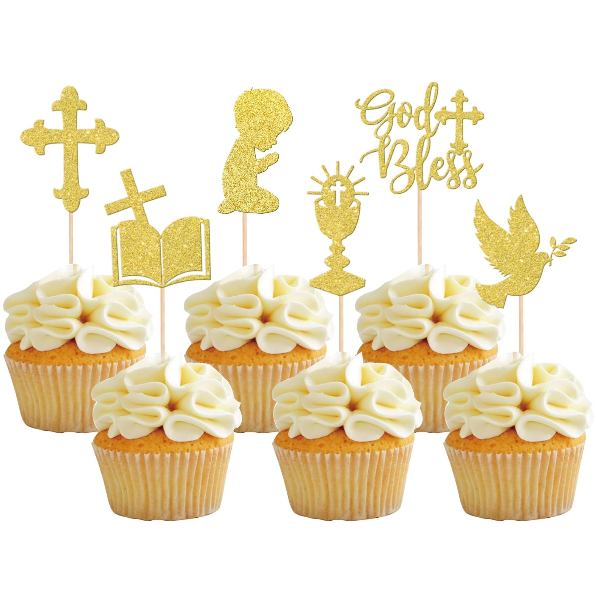 24 PCS Boy God Bless and ITL1 Cross Cupcake Toppers Glitter Dove ...
