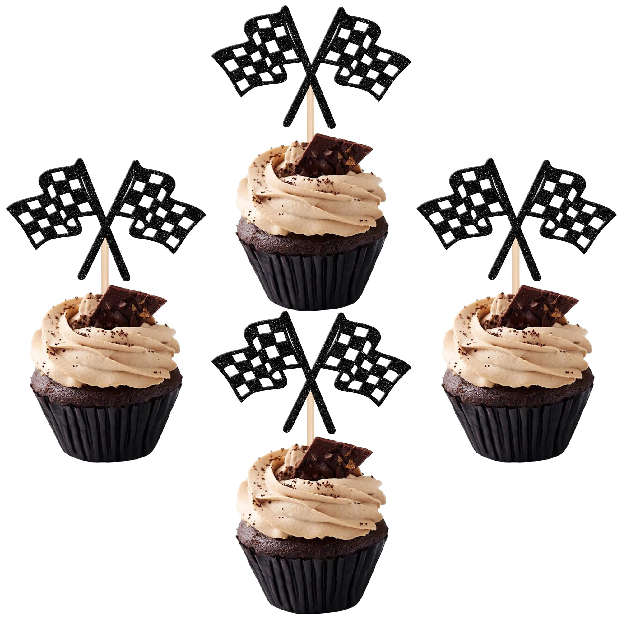 24 PCS Checkered Racing Flag Cupcake AIS1 Toppers Black Glitter Race ...