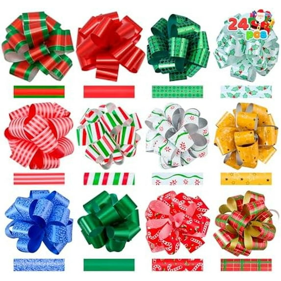 24 PCS Christmas Wrap Ribbon Pull Bows (5" Wide); Easy and Fast Gift ...