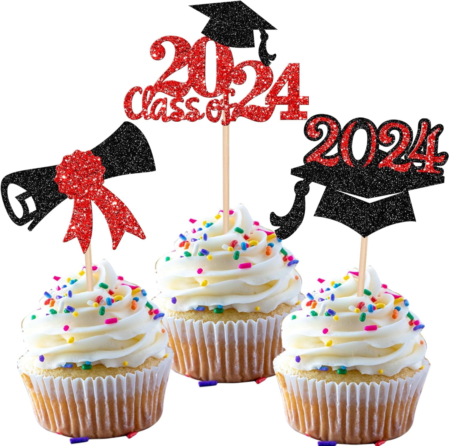 24 PCS Class of 2024 Graduation Cupcake Toppers Glitter Diploma 2024 ...