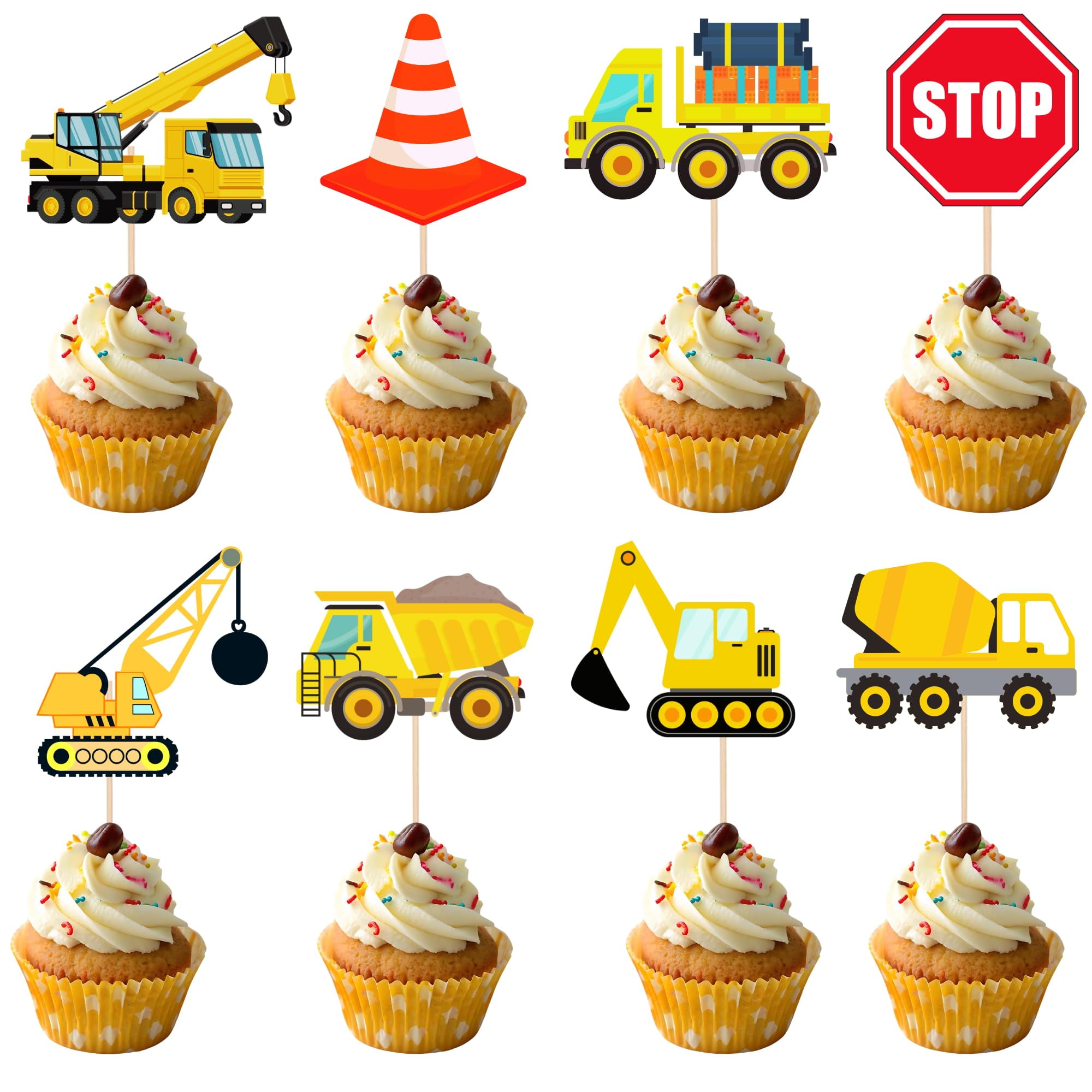 24 PCS ConstructionITSC Cupcake Toppers Stop Sign Dump Truck Excavator ...