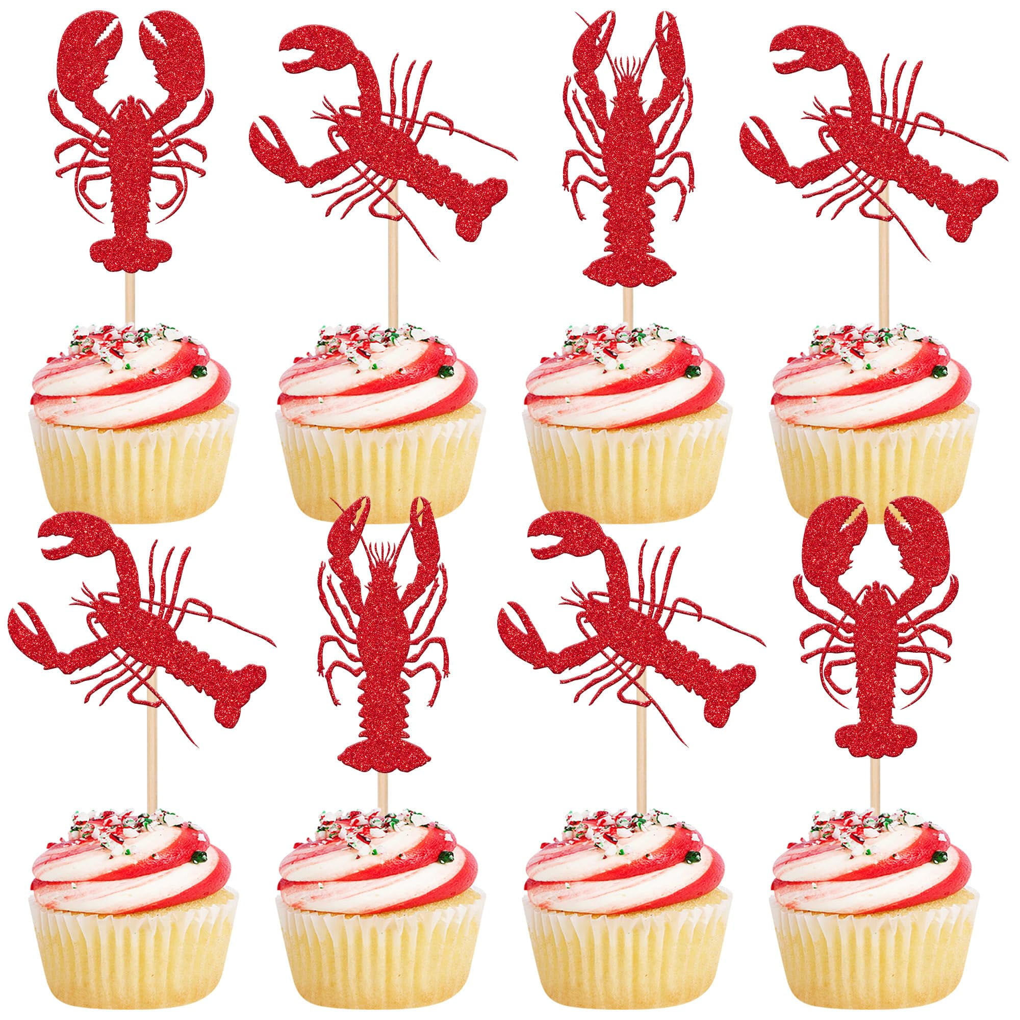 24 PCS CrawfishITSC Cupcake Toppers Red Glitter Lobster Cupcake ...