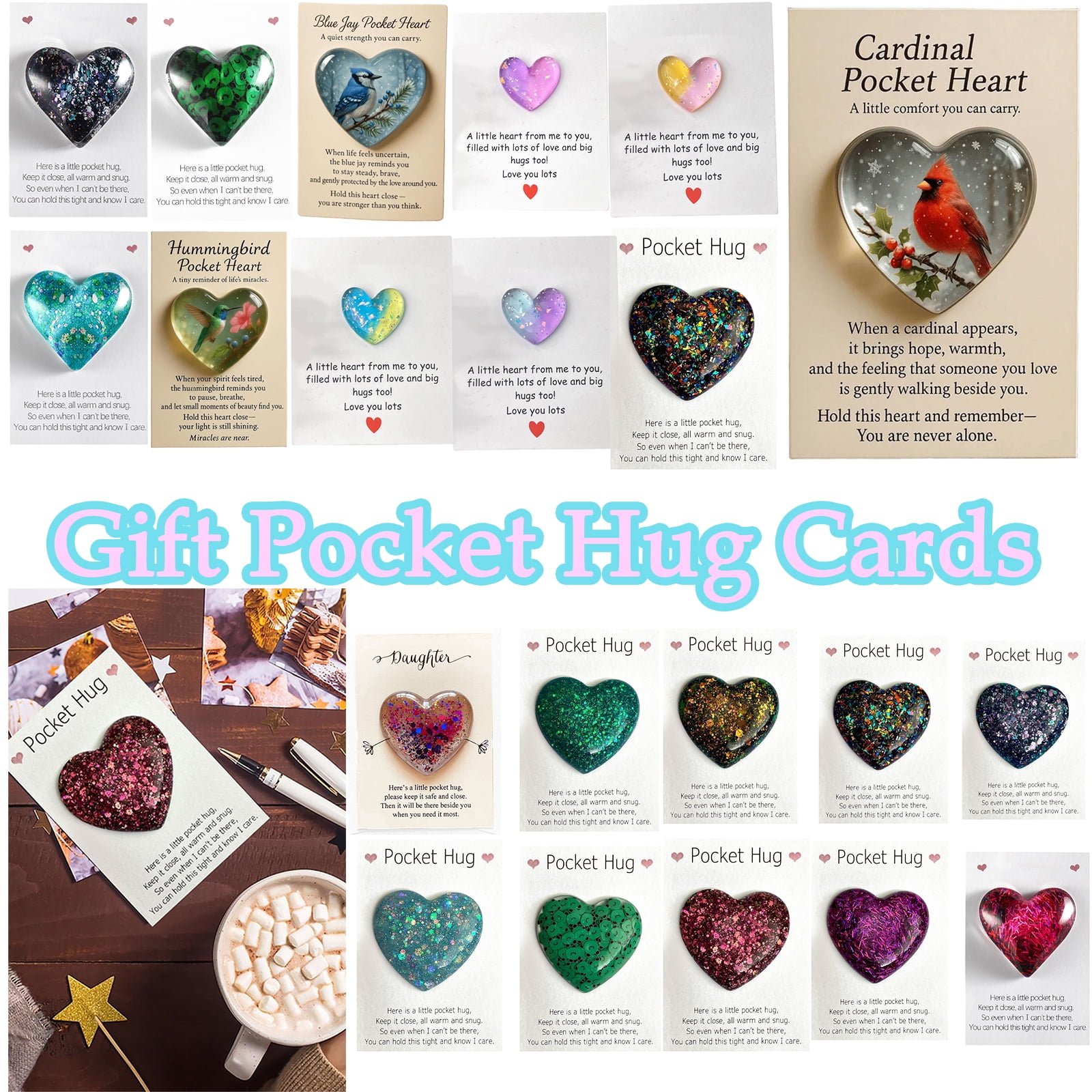 24 PCS Crystal Heart Shaped Pocket Hug Gift Jewelry with Greeting Card ...