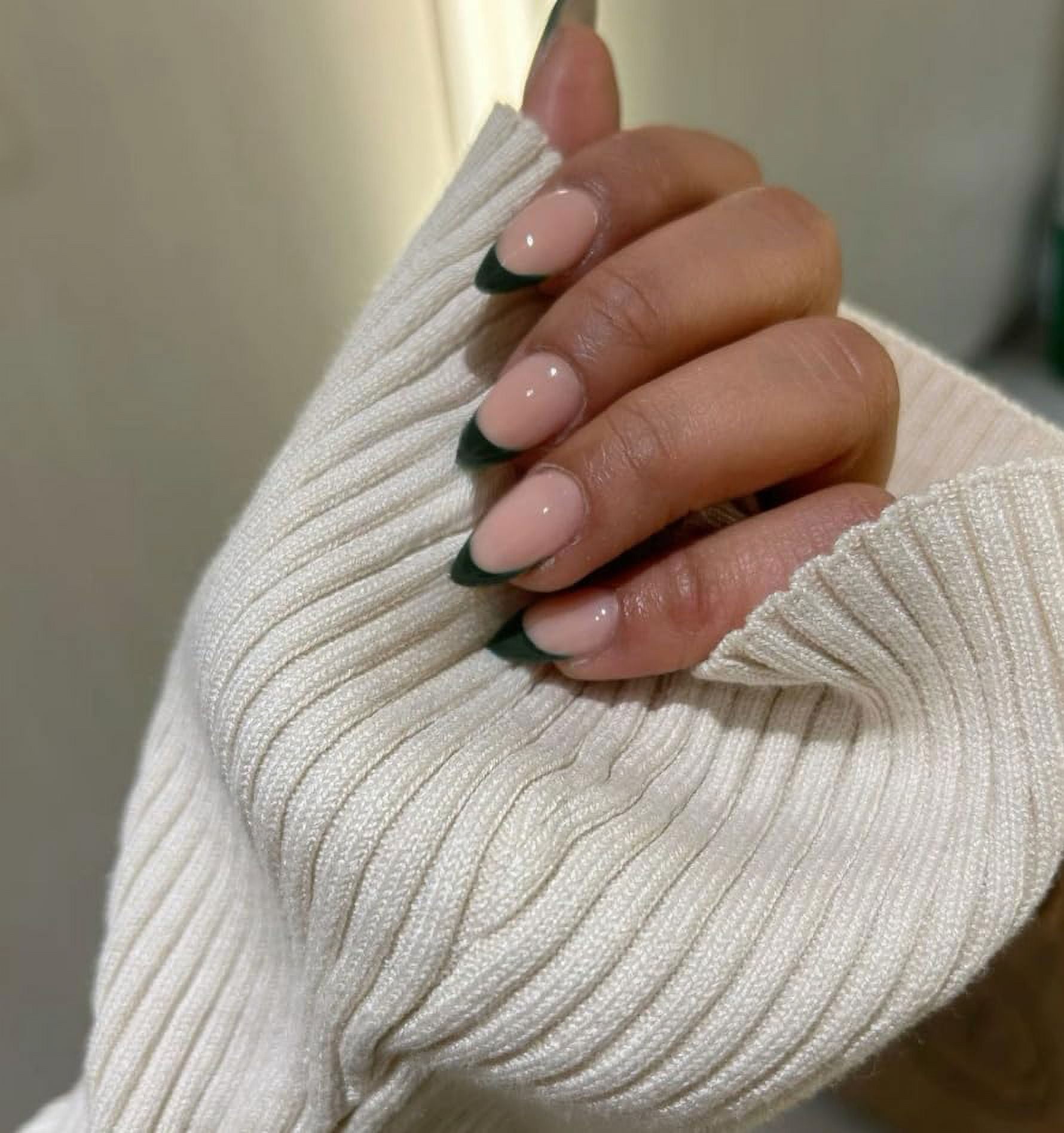 24 PCS Dark Green French Tip Press On Nails Short Almond,Medium Fake ...