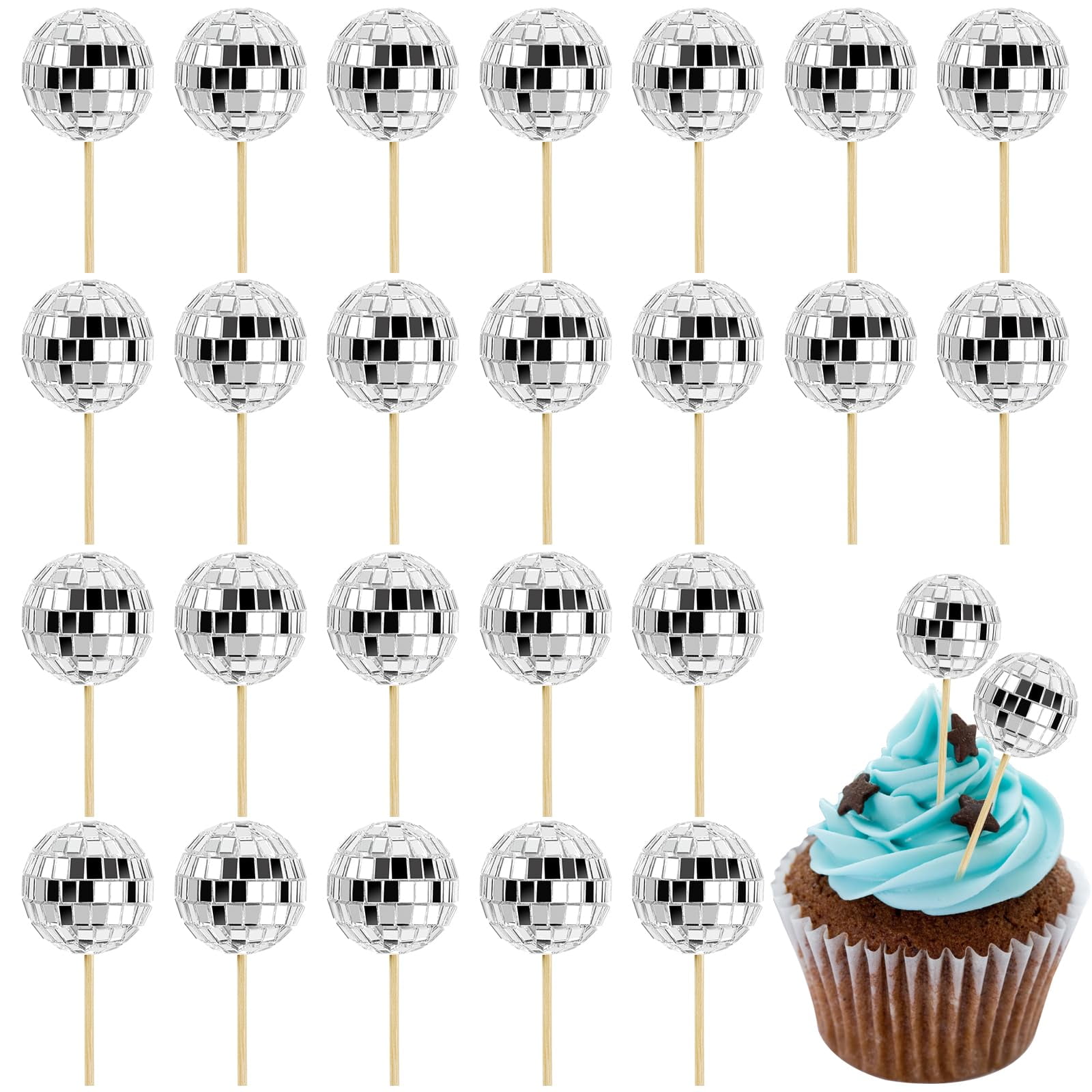 24 PCS Disco Ball Cupcake Toppers, Small Disco Ball Cake Picks 1970s ...