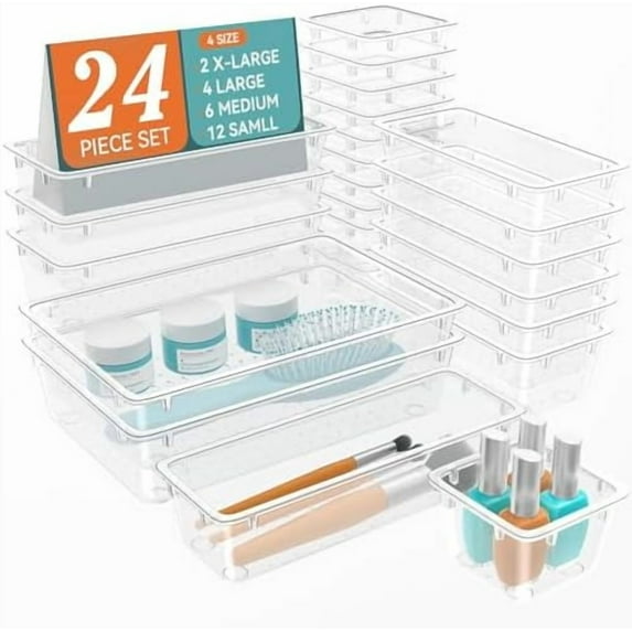 24 PCS Drawer Organizer Set, 4 Sizes Tool Storage Trays, Clear Plastic ...