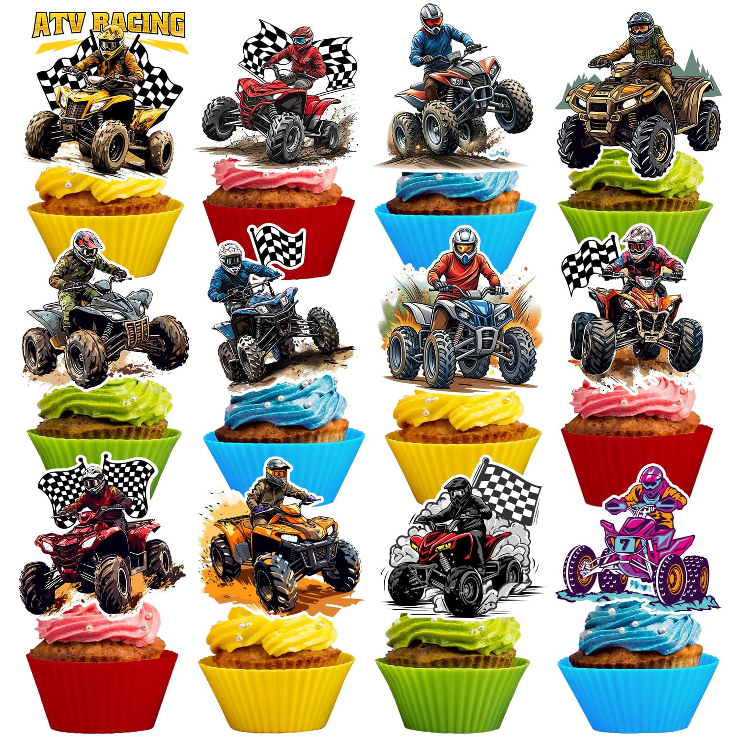 24 PCS FourITSC Wheeler ATV Quad Bike Cake Cupcake Toppers, Dirt Bike Cupcake Cake Decorations ...