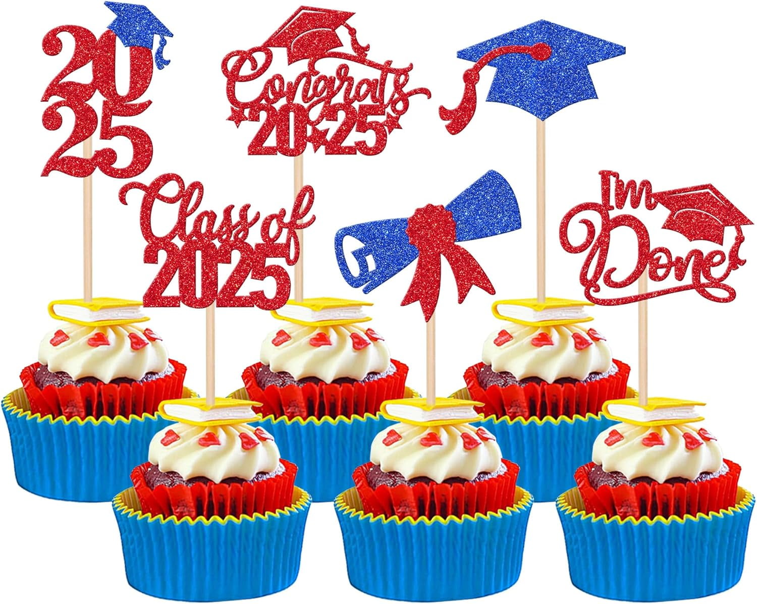 24 PCS Glitter 2025 Graduation Theme Cupcake Toppers Glitter Class of ...