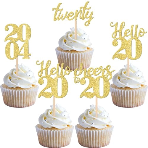 24 PCS Glitter 20th Birthday Cupcake Toppers Glitter Hello 20 Twenty ...