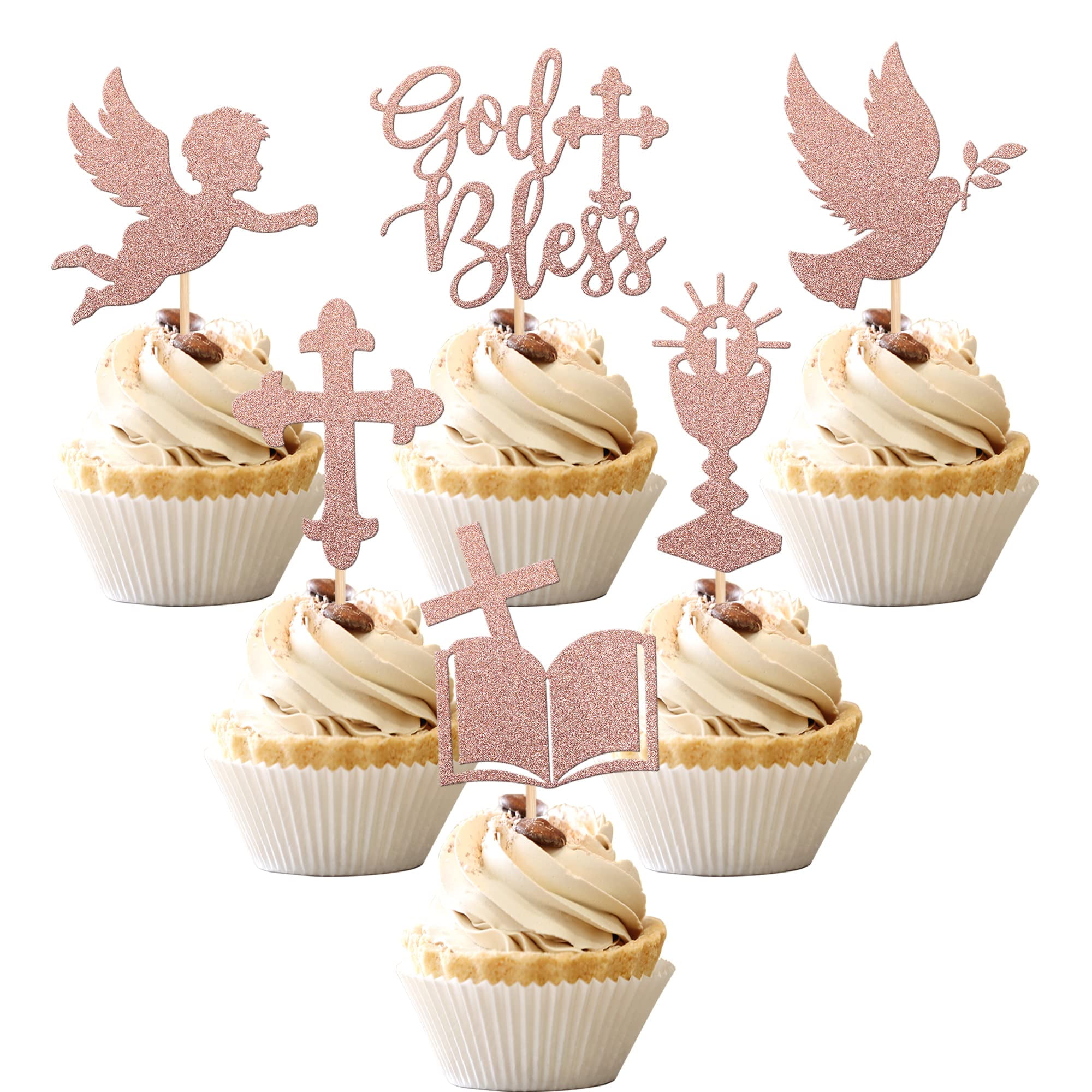 24 PCS God Bless Cupcake Toppers Glitter Dove Angel Chalice Bible Cross ...