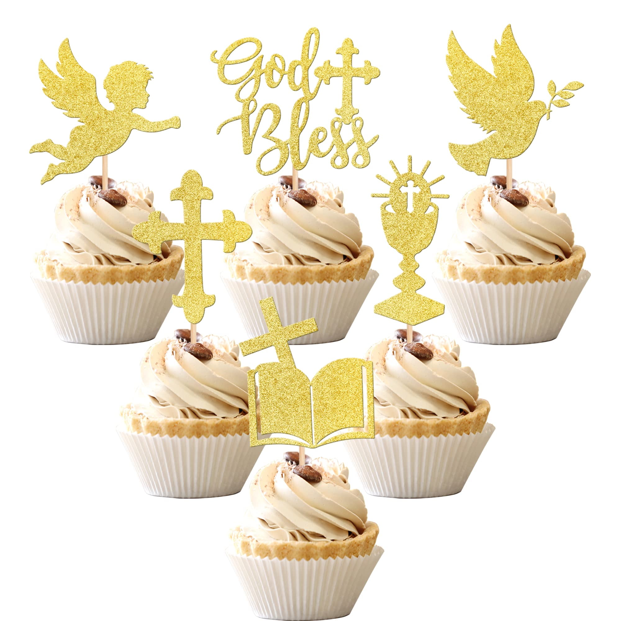 24 PCS God Bless Cupcake Toppers Glitter Dove Angel Chalice Bible Cross ...