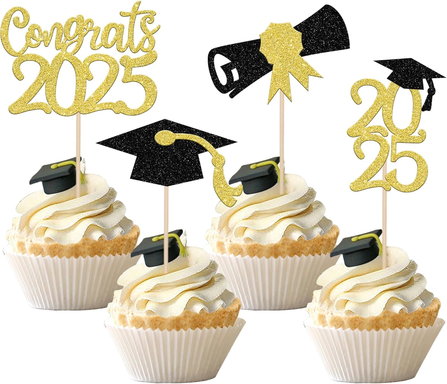 24 PCS Gold Glitter 2025 Graduation Theme Cupcake Toppers Diploma Grad ...