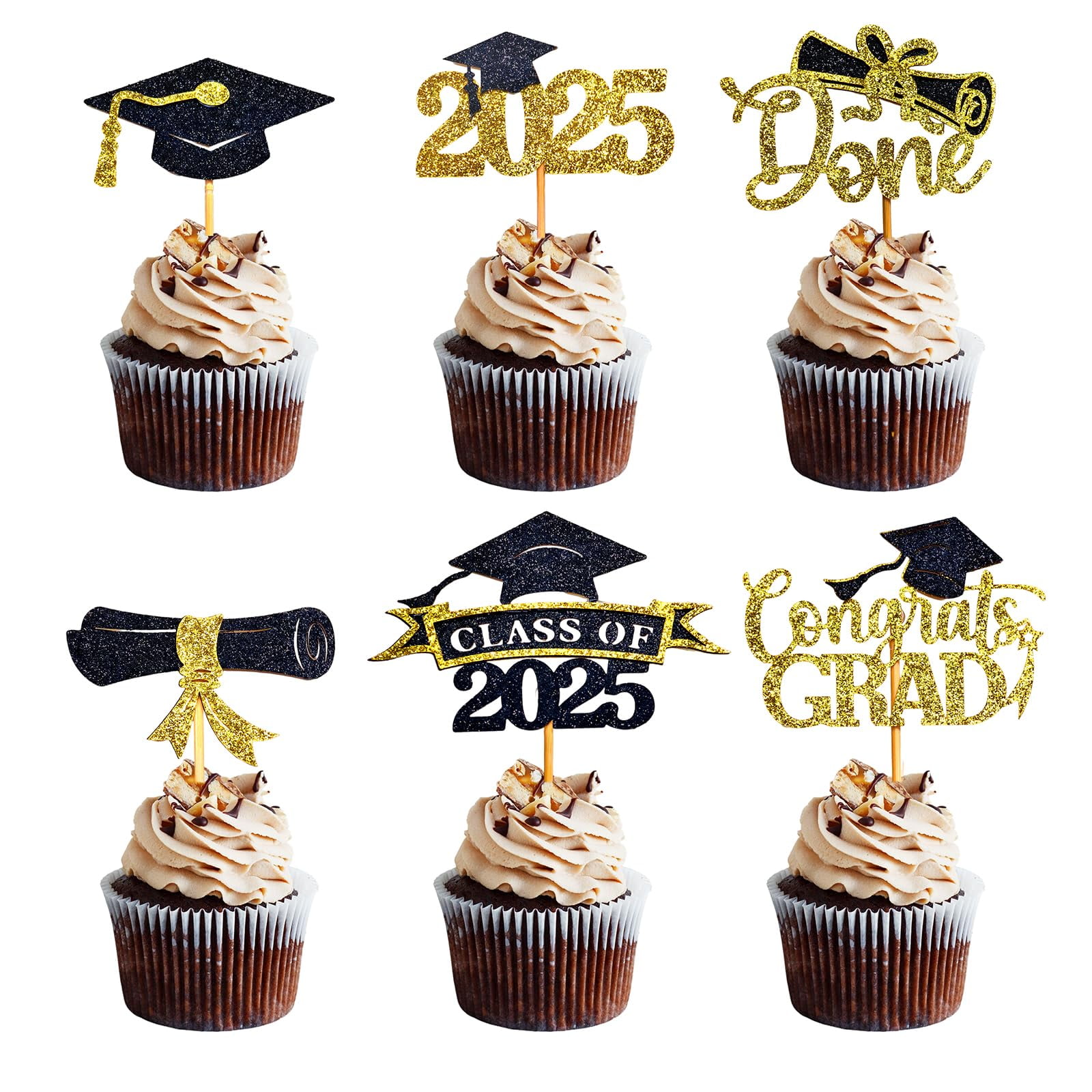 24 PCS GraduationTRDN Cupcake Toppers, 2025 Graduation Decorations Gold ...
