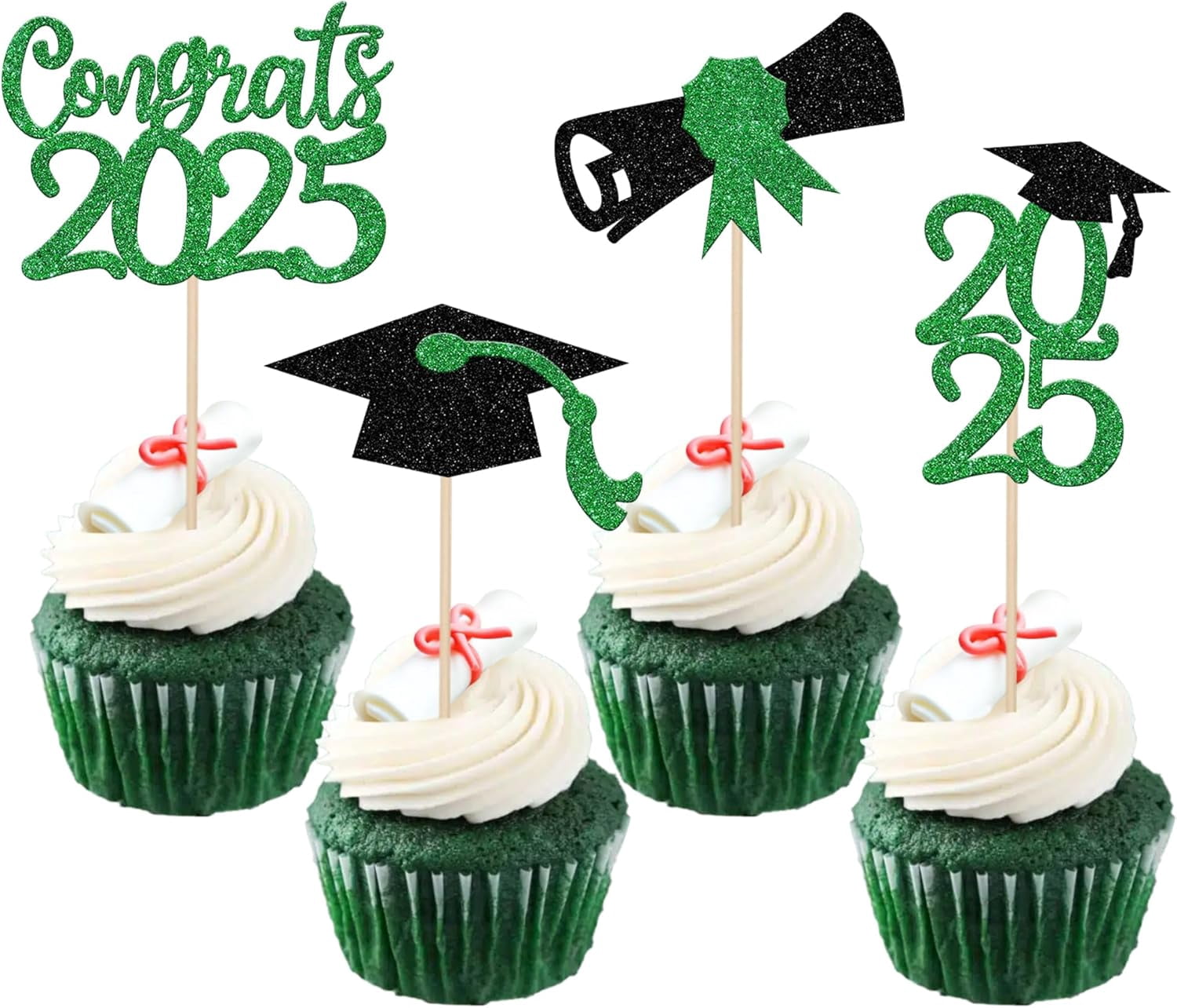 24 PCS Green Glitter 2025 Graduation Theme Cupcake Toppers Class of ...