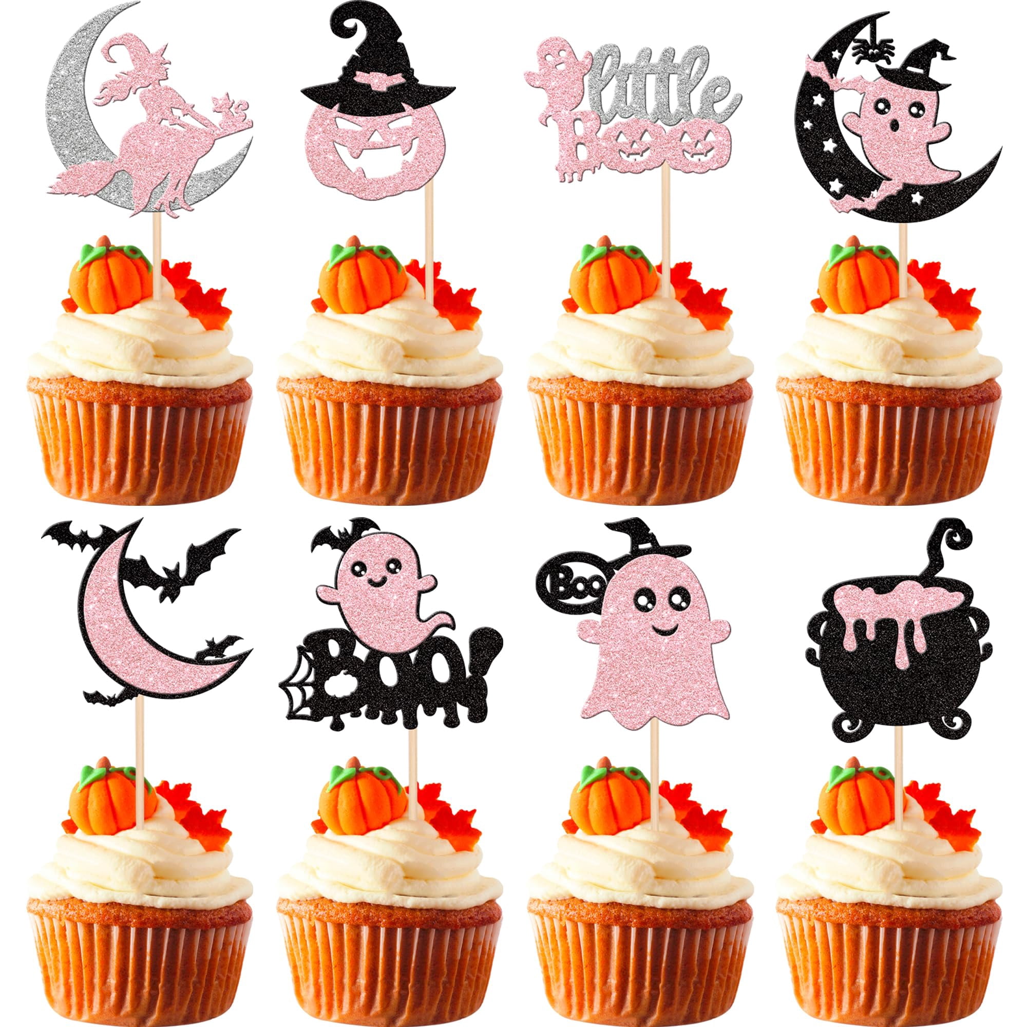 24 PCS Halloween Cupcake Toppers Pink Glitter Little Boo Bat Cupcake ...