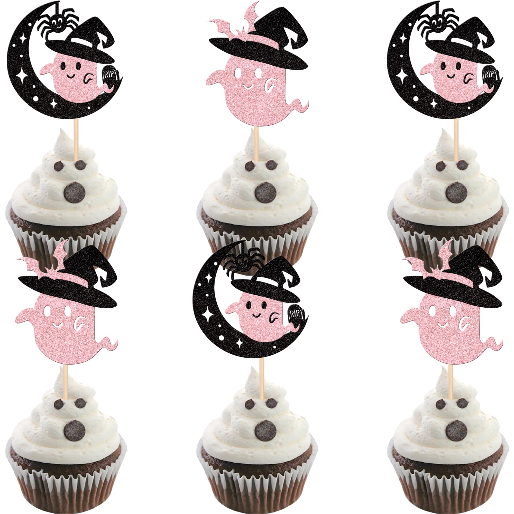 24 PCS Halloween Ghost Cupcake Toppers Pink Black Glitter Bat Spider ...