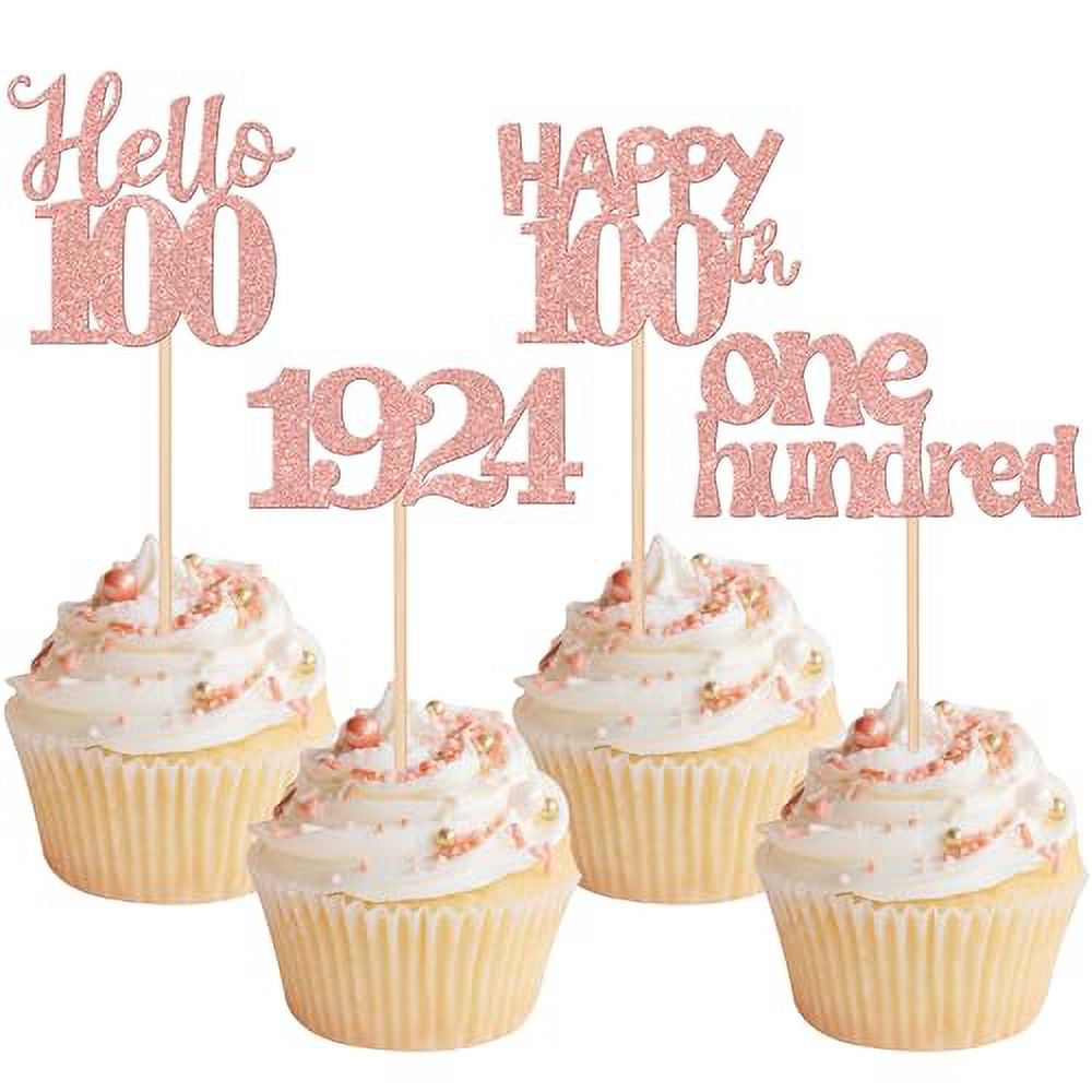 24 PCS Happy 100th Birthday Cupcake Toppers Glitter Hello 100 Cupcake Picks One Hundred Since ...