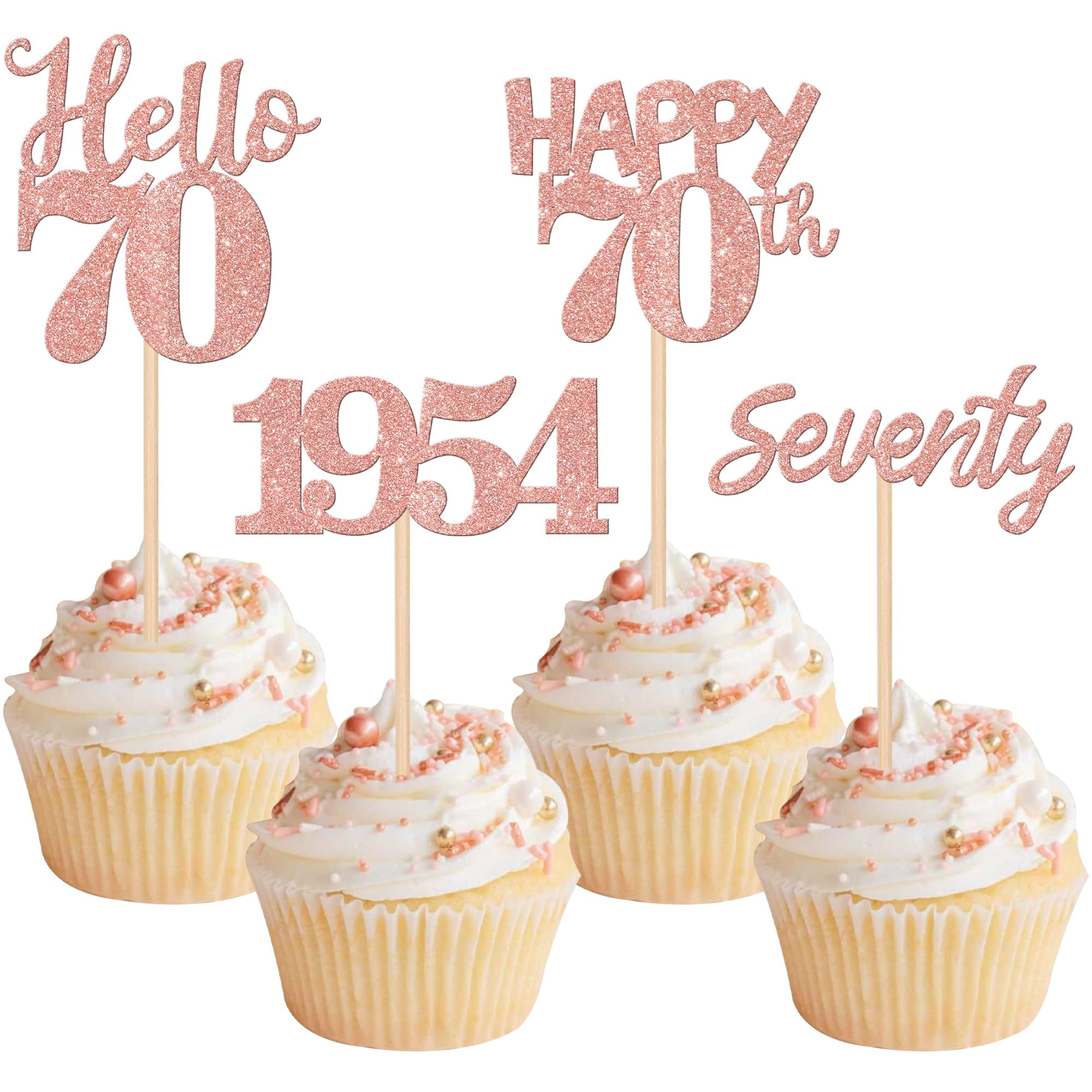 24 PCS Rose Gold 70th Birthday Cupcake Toppers Glitter Hello 70 Cupcake ...