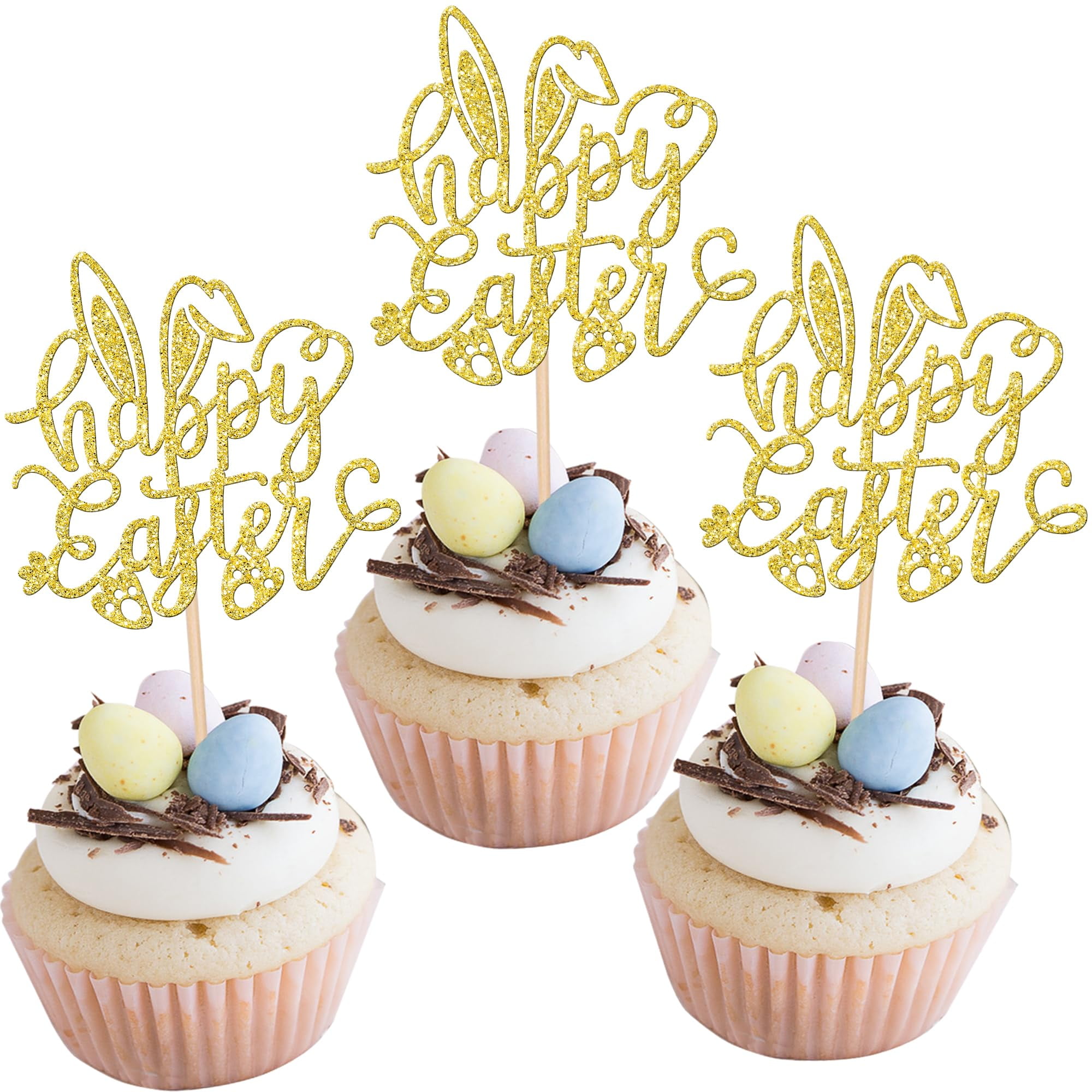 24 PCS Happy Easter Cupcake Toppers Gold Glitter Easter Rabbit Cupcake ...