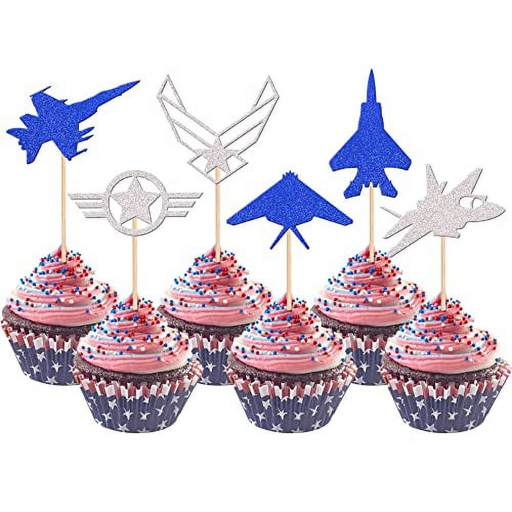 24 PCS Military Themed Cupcake Toppers Silver Blue Glitter Airplane ...