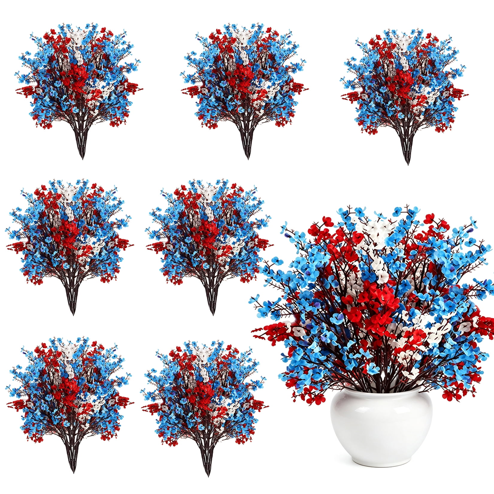 24 PCS Patriotic Artificial Flowers, Red White Blue Baby’s Breath Stems ...