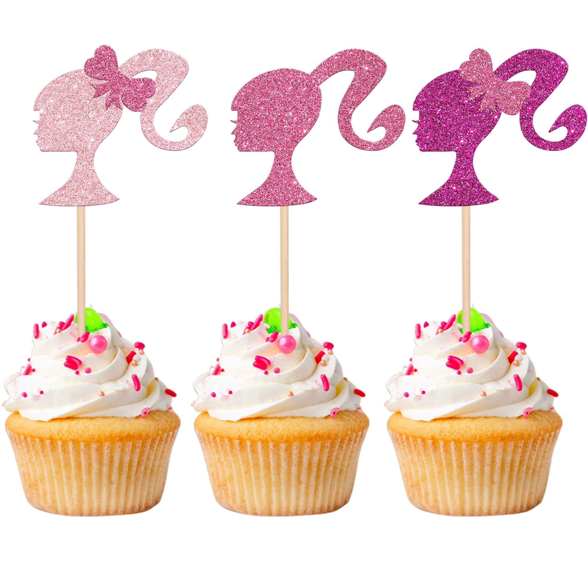 24 PCS Pink Girl Cupcake Toppersw with Bow Glitter Princess Baby Shower ...
