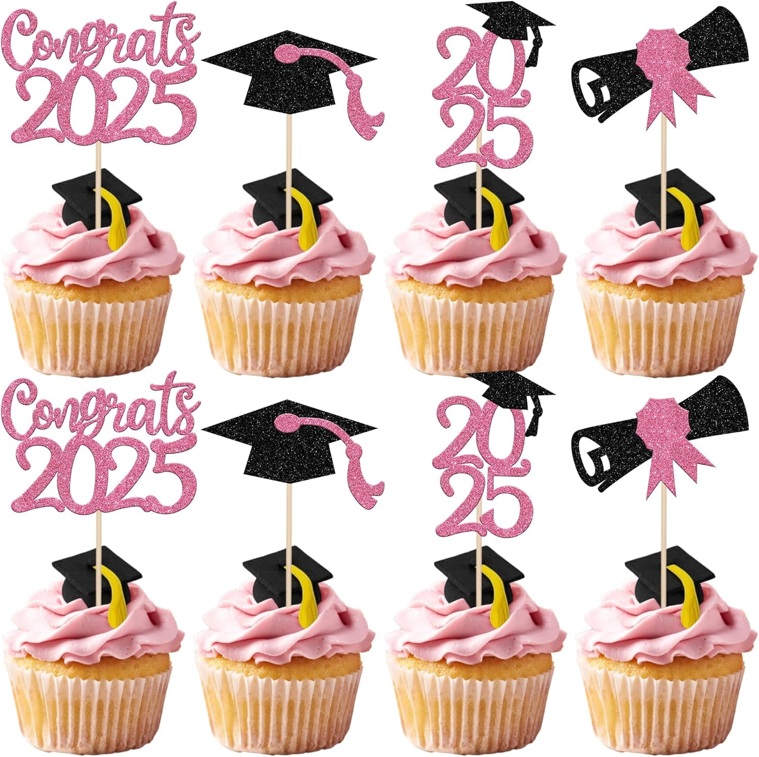 24 PCS Pink Glitter 2025 Graduation Theme Cupcake Toppers Class of 2025 ...