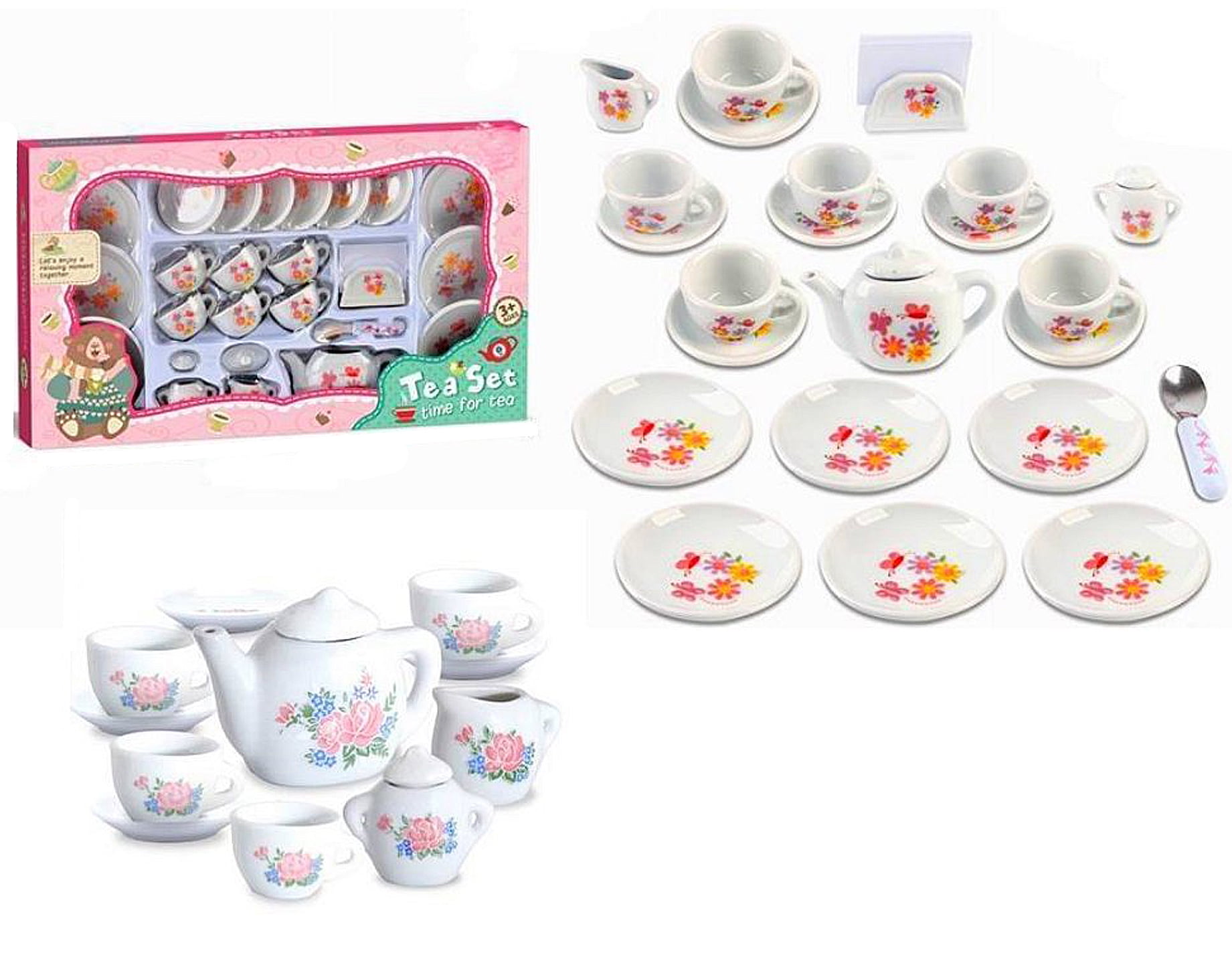 24 PCS Porcelain Tea Set for Girls - White & Floral Tea Party Ceramic ...