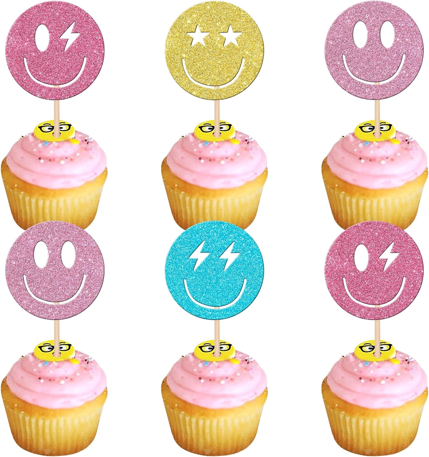 24 PCS Preppy Smile Face Cupcake Toppers Colorful Glitter Star ...
