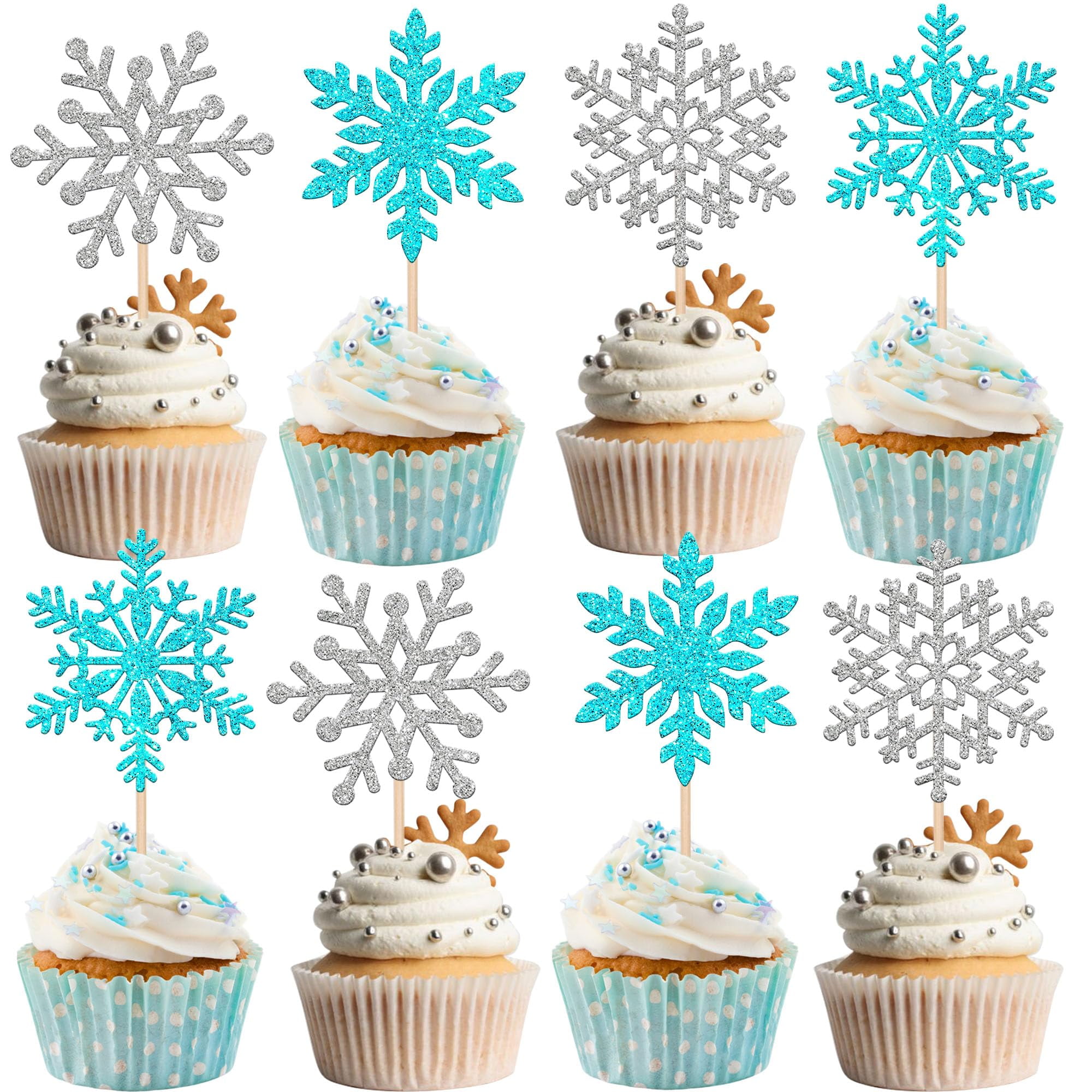 24 PCS Snowflake Cupcake Toppers Silver and Blue Glitter Winter Theme ...