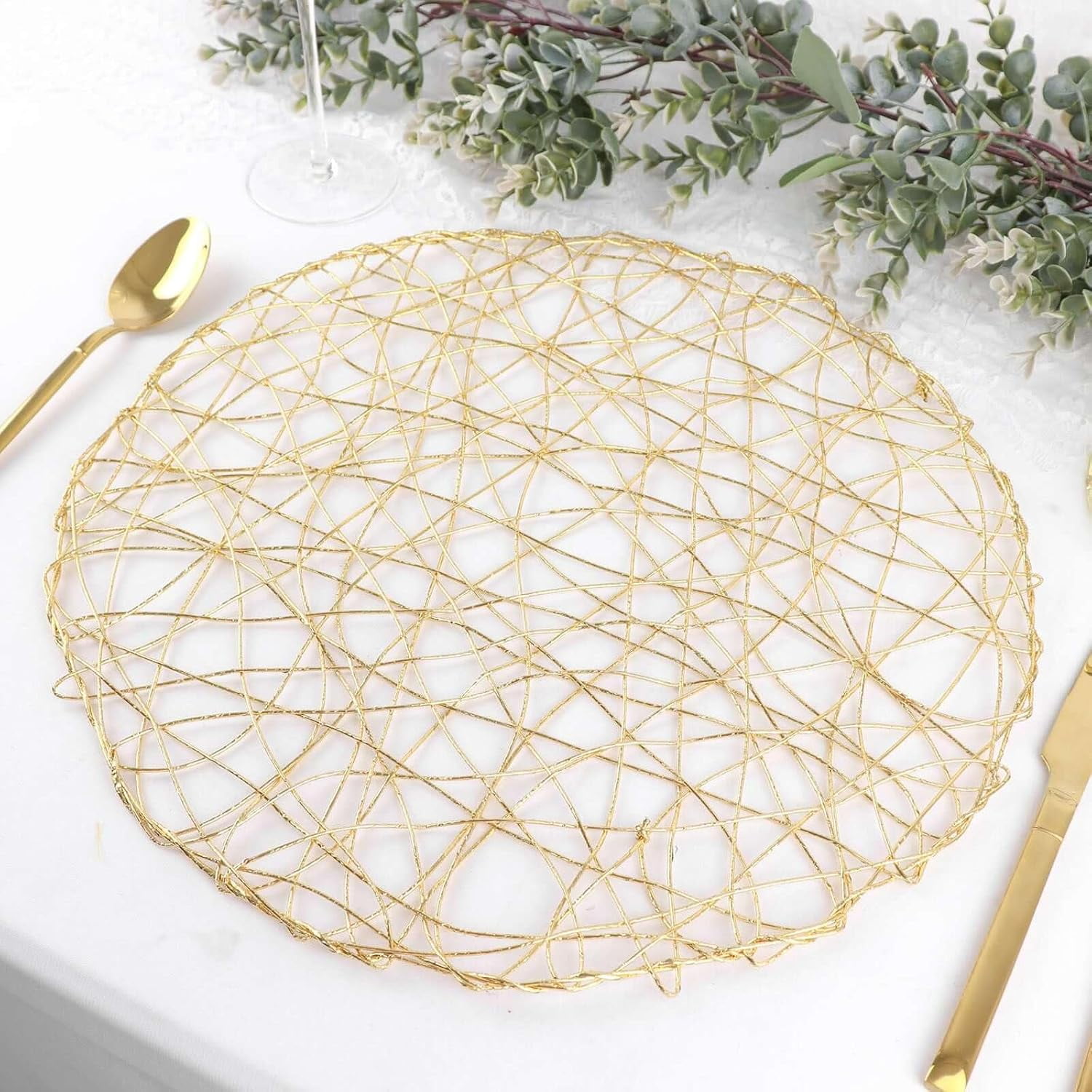 24 Pack 15" Gold Metallic String Round Placemats, Woven Fiber ...