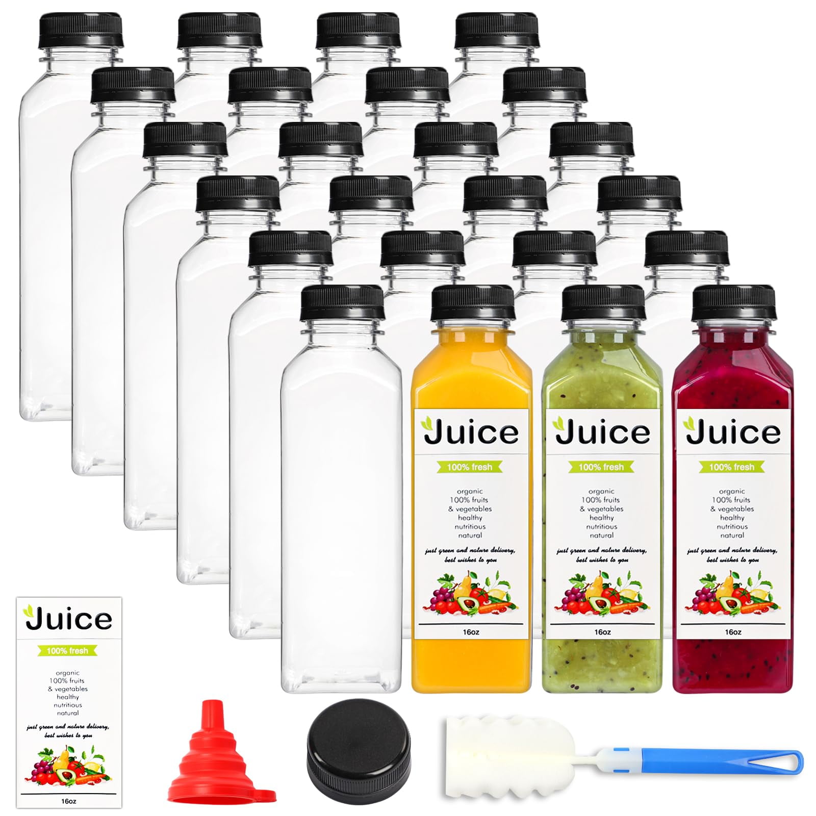 24 Pack 16 Oz Plastic Juice Bottles with Caps, Reusable and Take Out ...