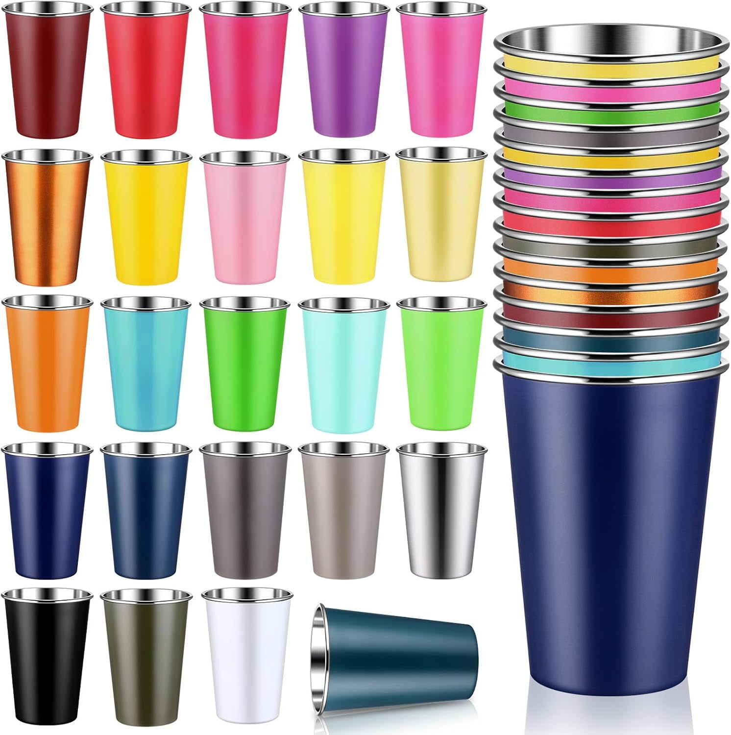 24 Pack 16 oz Stainless Steel Pint Cups Metal Cups 24 Colors ...