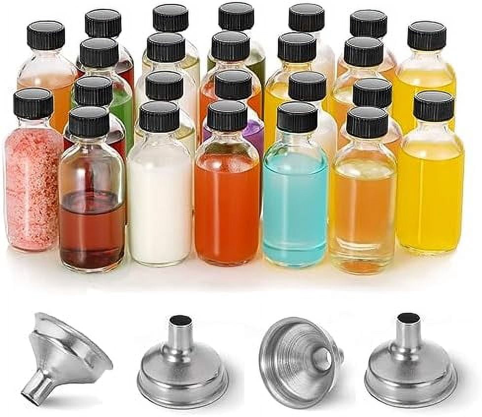 24 Pack 2 oz Small Clear Glass Bottles with Lids & 4 Funnels - 60ml ...