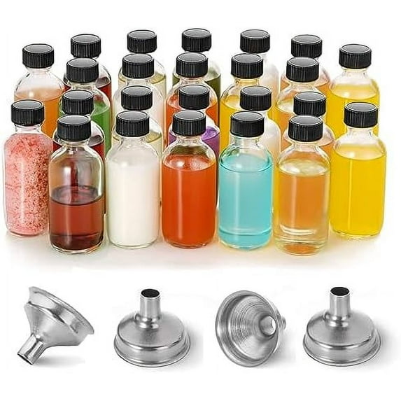 24 Pack 2 oz Small Clear Glass Bottles with Lids & 4 Funnels - 60ml ...