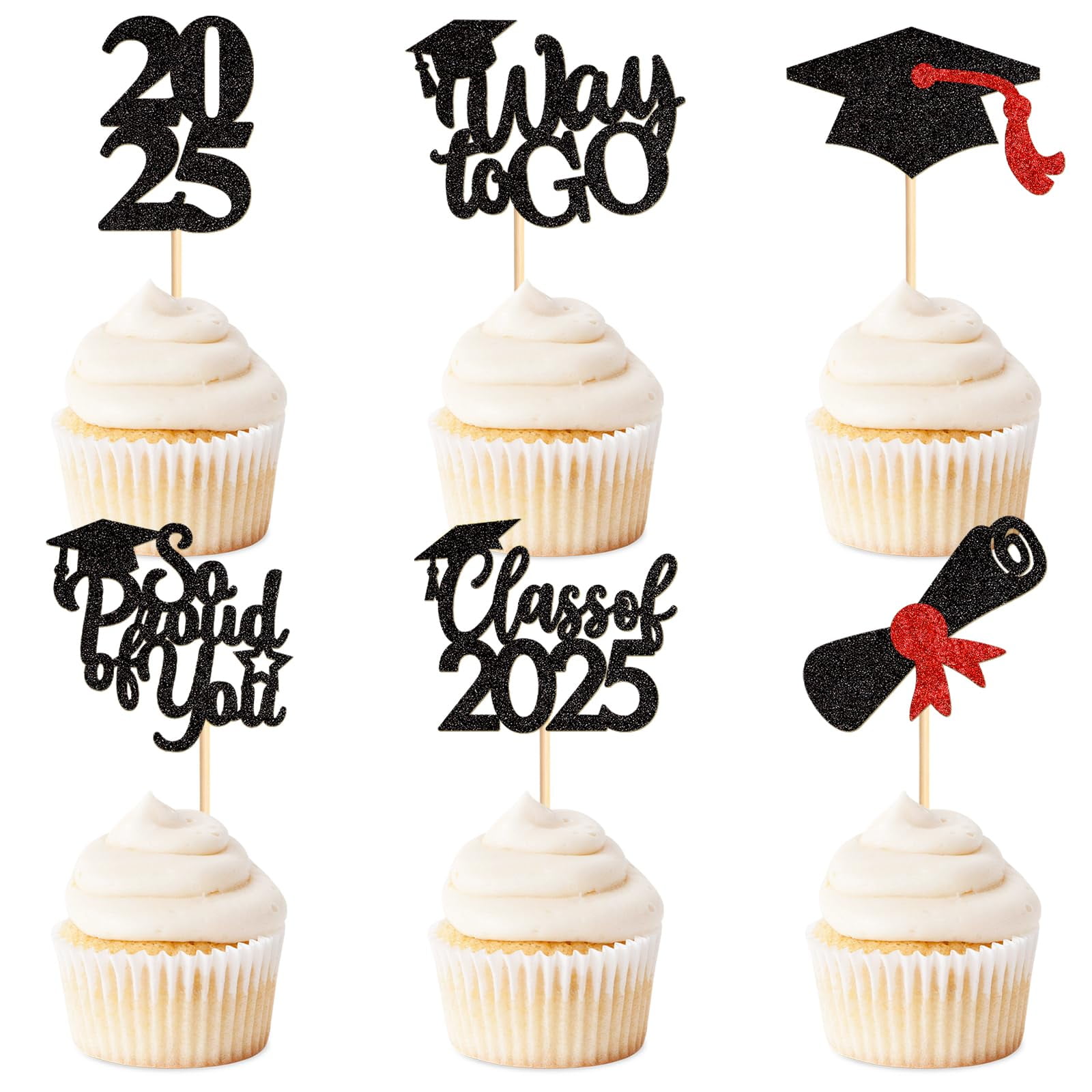 24 Pack 2025 Graduation Cupcake Toppers TVS1 So Proud Of You Way to Go ...
