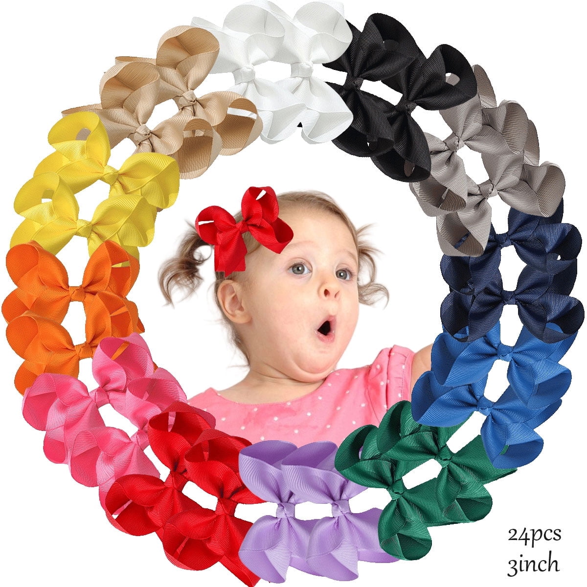 24 Pack 3 Inch Solid Color Hair Bows for Girls - Large Ribbon Hair Bows ...