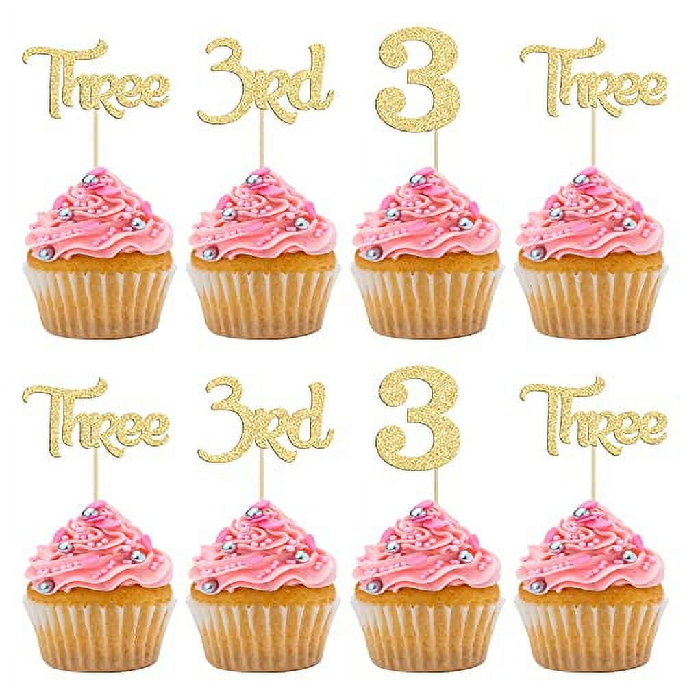 24 Pack 3rd Birthday .. Cupcake Toppers Glitter Third .. Birthday Three ...
