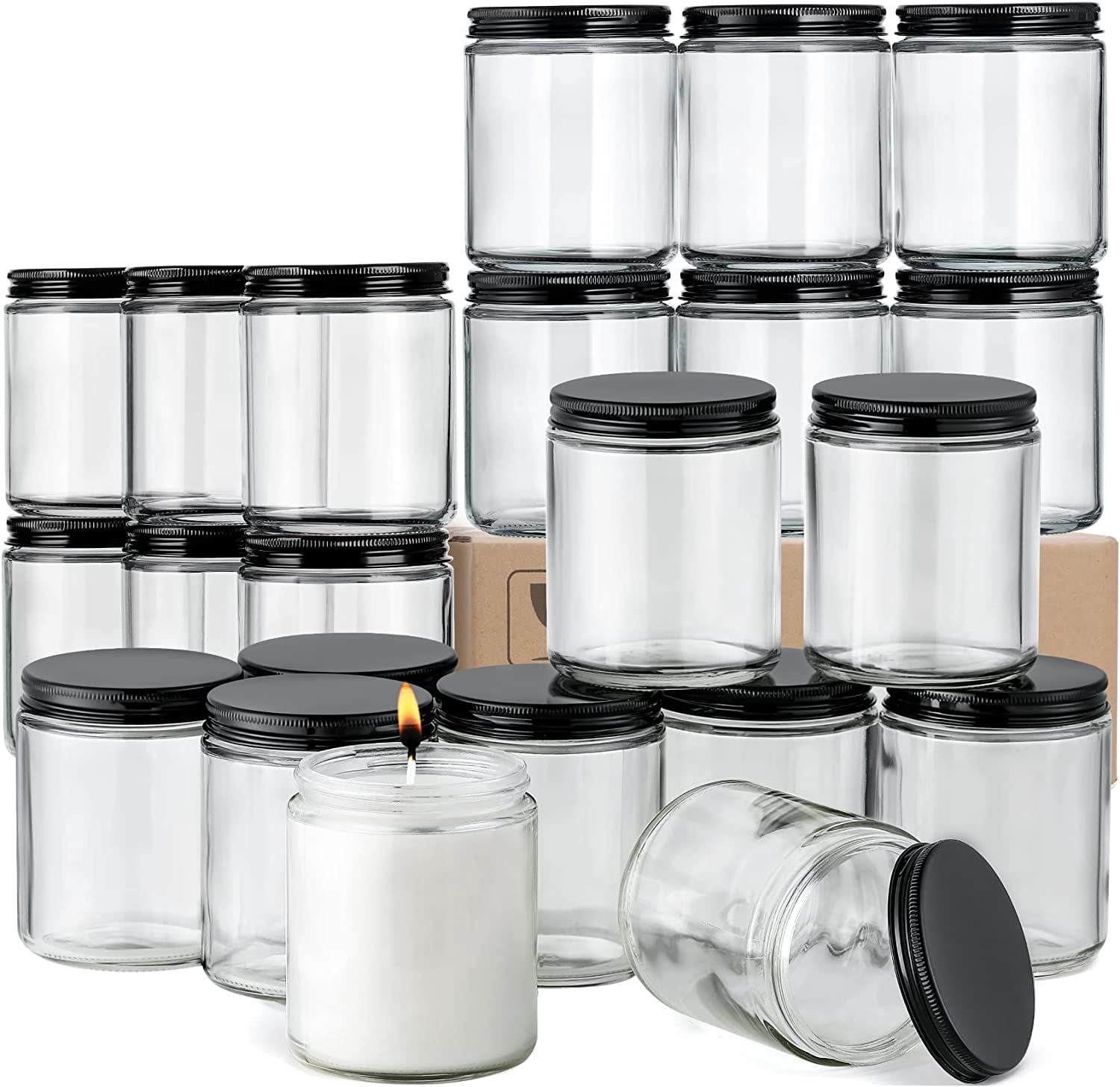 24 Pack, 8 OZ Thick Glass Jars with Metal Lids, Clear Round Candle ...