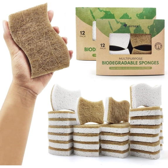 24 Pack Biodegradable Natural Kitchen Sponge - Compostable Cellulose ...