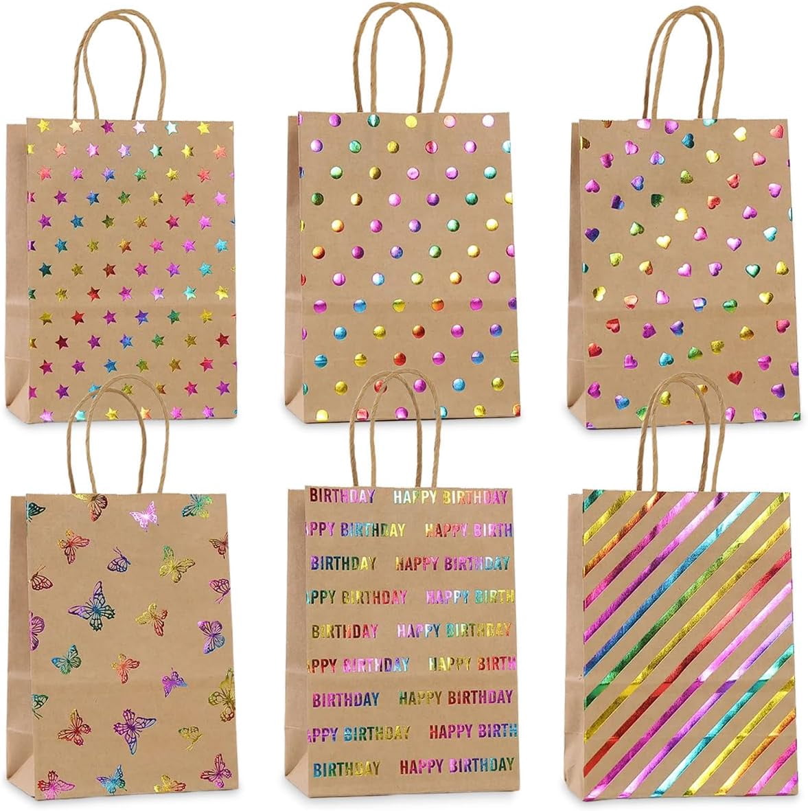 24 Pack Birthday Gift Bags with Gold Foil Accents, 6 Assorted Colorful ...