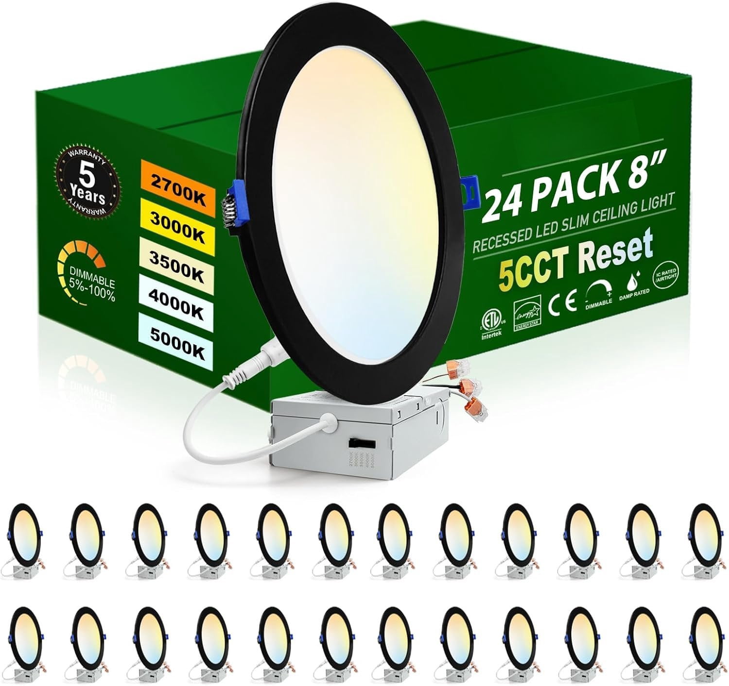 24 Pack Black 8 inch 18W Eqv 150W 1685LM 5CCT Reset LED Recessed ...