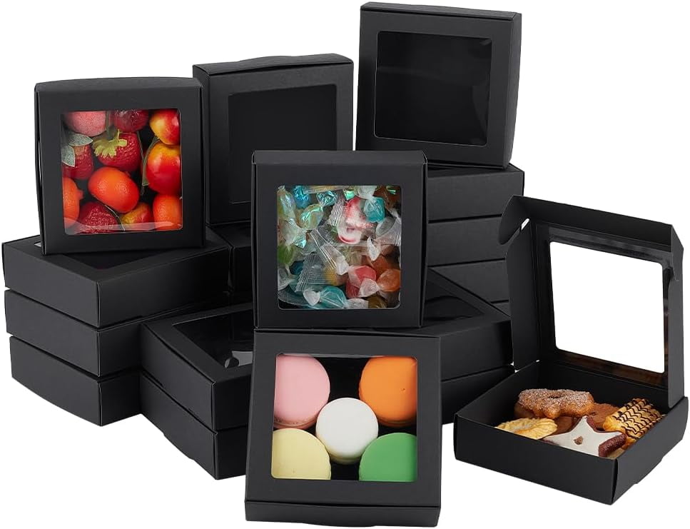 24 Pack Black Kraft Paper Boxes with Clear Window 4.1x4.1x1.2inch ...