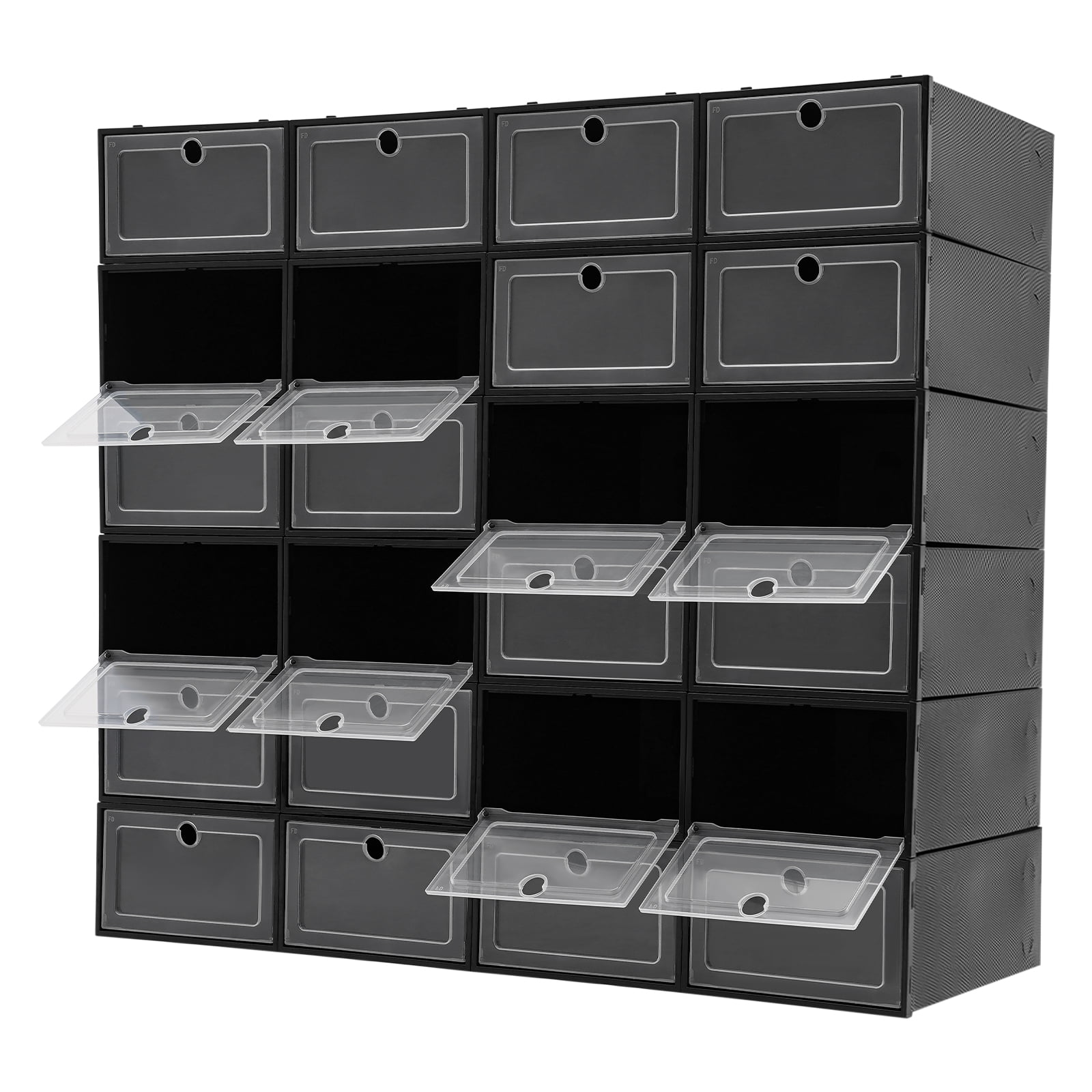 Mystic Black Shoe Storage Set - 24 Stackable Flip-Top Boxes with ...