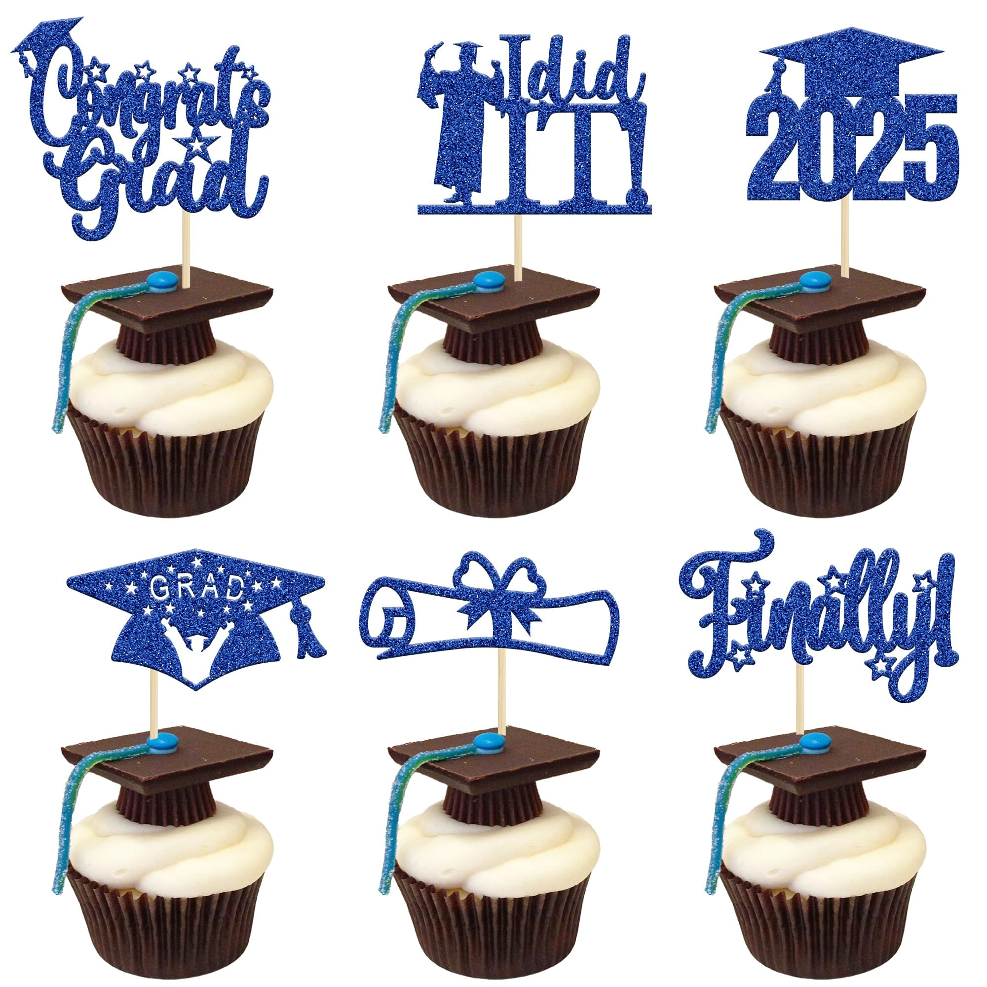 24 Pack Blue 2025 Graduation Cupcake RST1 Toppers Glitter Finally I Did ...